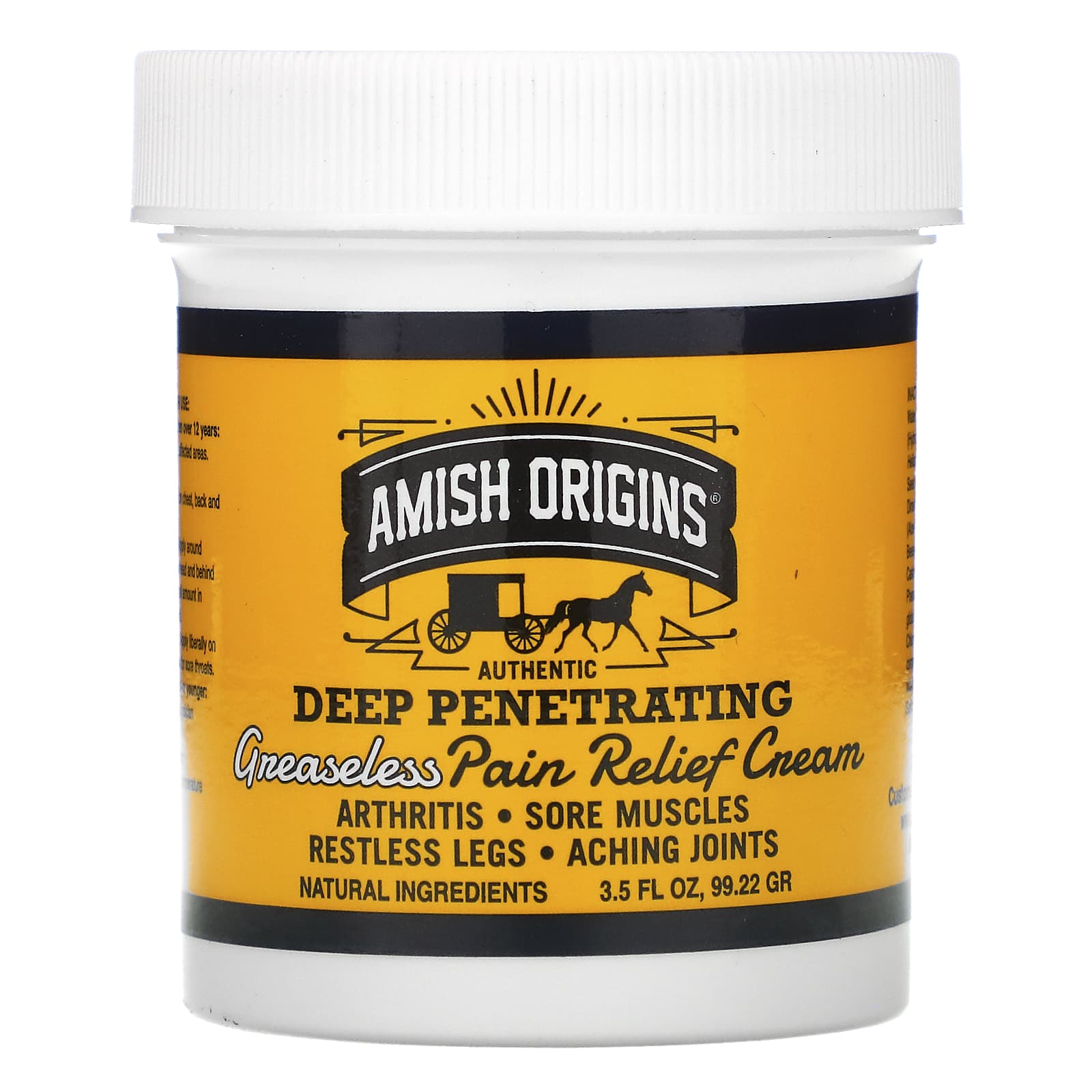 Amish Origins, Deep Penetrating, Greaseless Pain Relief Cream, 3.5 fl ...
