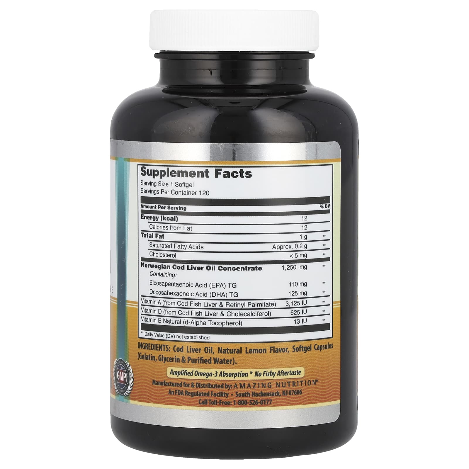 Amazing Nutrition, Norwegian Cod Liver Oil, Lemon, 1,250 mg, 120 Softgels