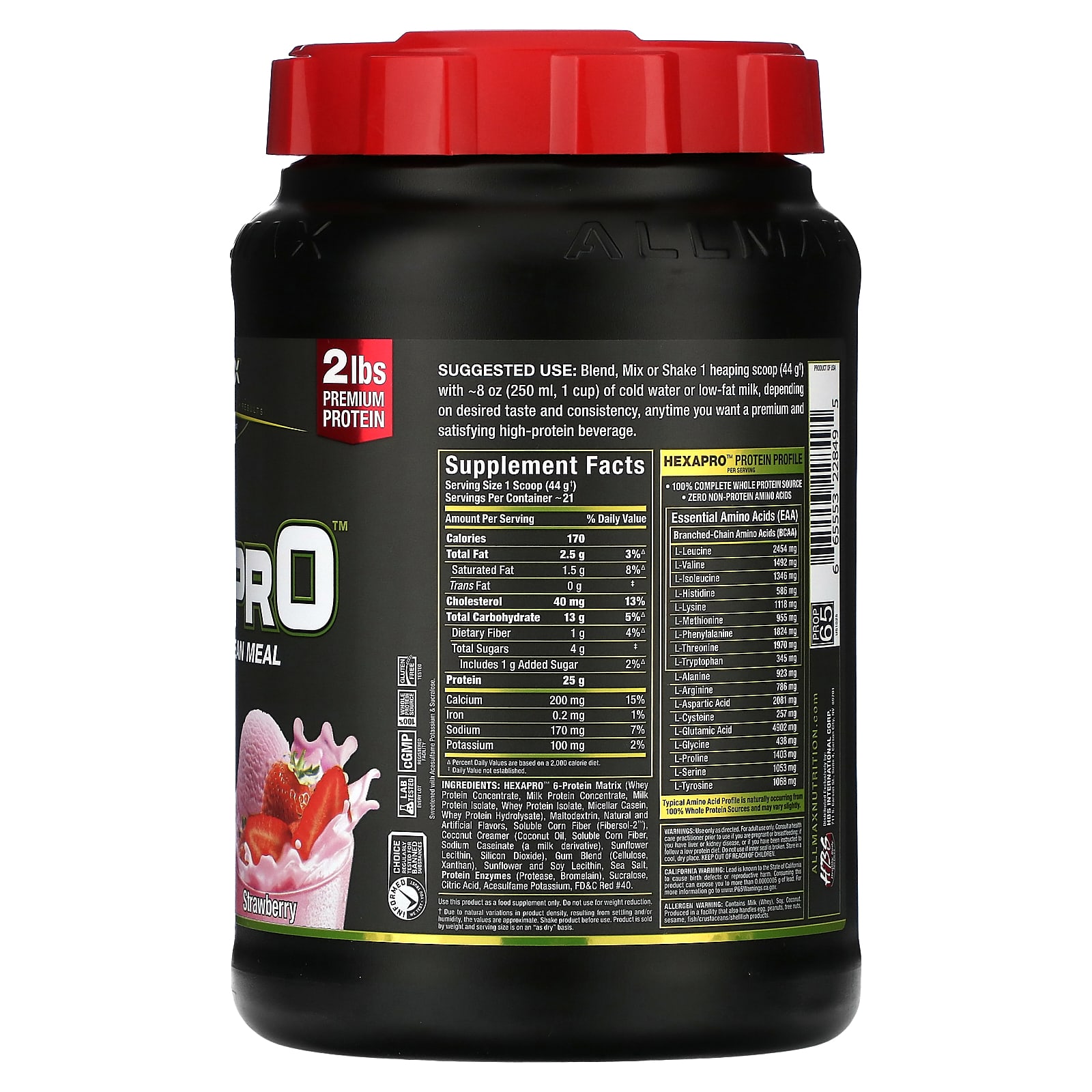 ALLMAX, Hexapro（ヘキサプロ）、高タンパク質リーンミール、ストロベリー、907g（2ポンド）