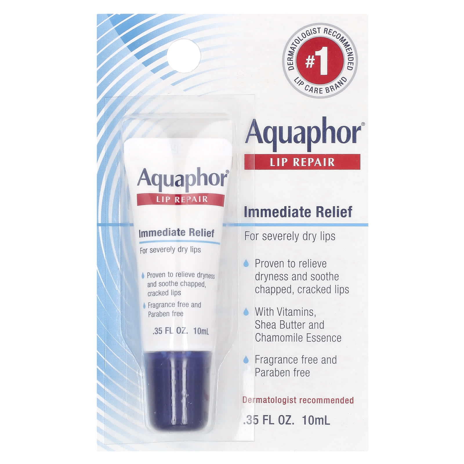 Aquaphor, Lip Repair, Immediate Relief, Fragrance Free, 0.35 fl oz (10 ml)