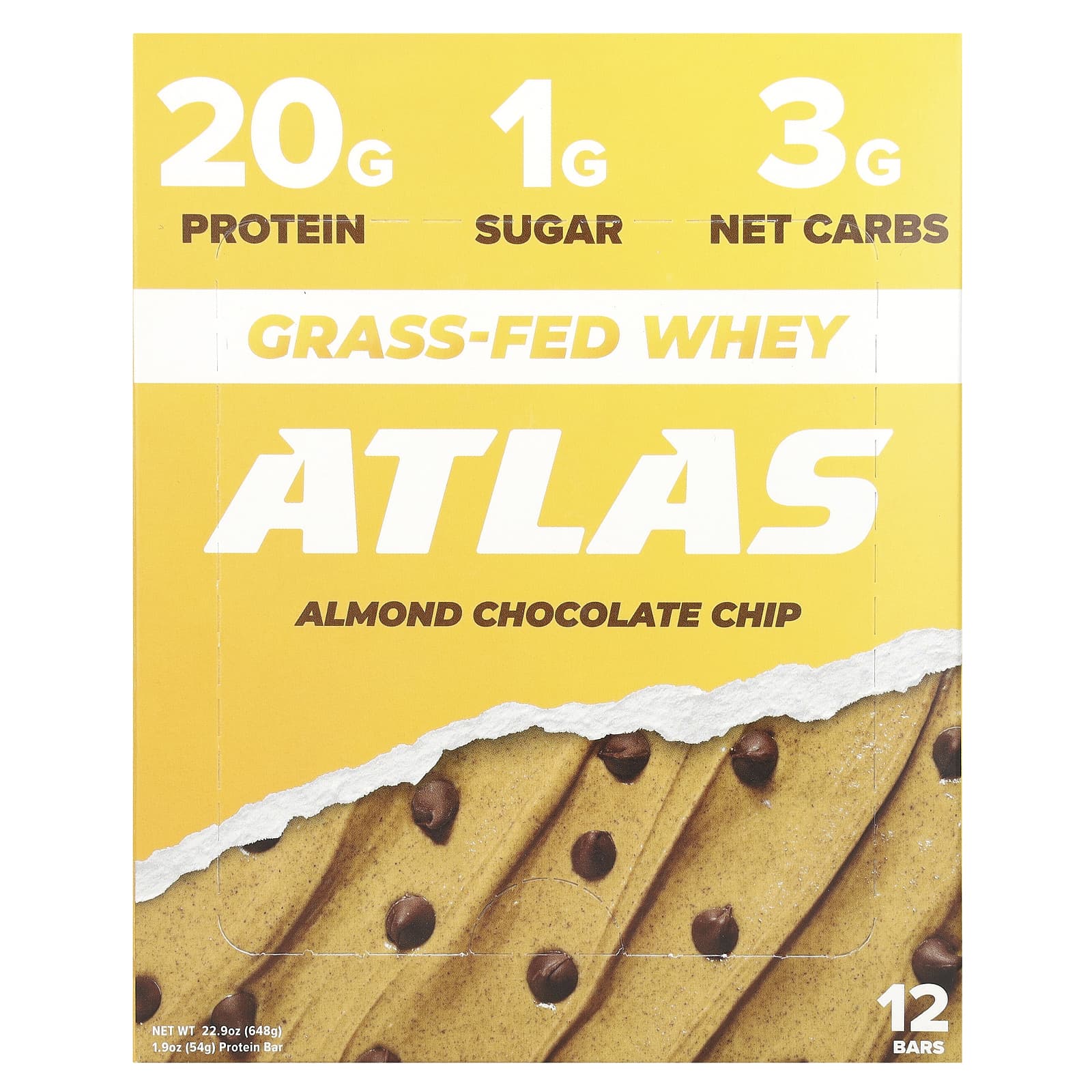 Atlas Bar, Grass-Fed Whey Protein Bar, Almond Chocolate Chip, 12 Bars ...