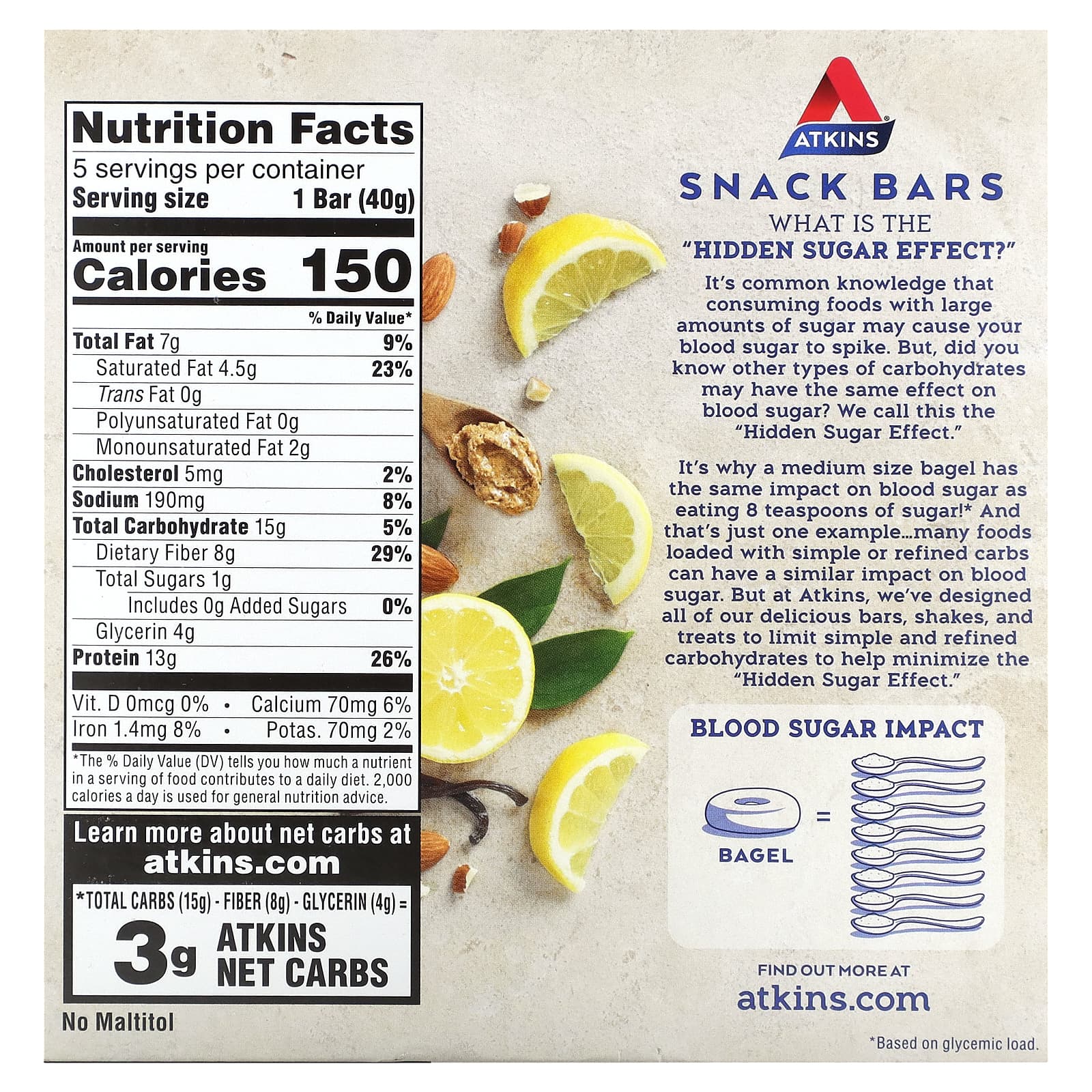 Atkins, Snack, Lemon Bar, 5 Bars, 1.41 oz (40 g) Each