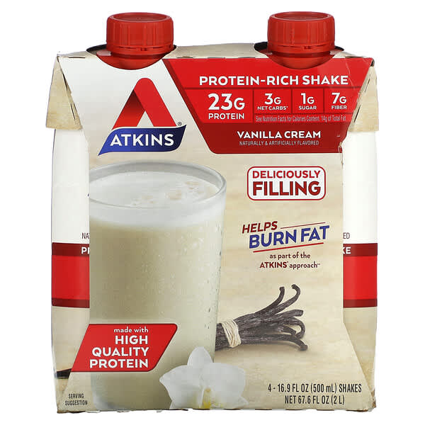 Atkins, Protein Rich Shake, Vanilla Cream, 4 Shakes, 16.9 fl oz (500 ml ...
