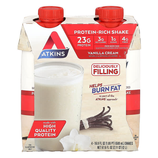 Atkins, Protein-Rich Shake, Vanilla Cream, 4 Shakes, 16.9 fl oz (500 ml ...