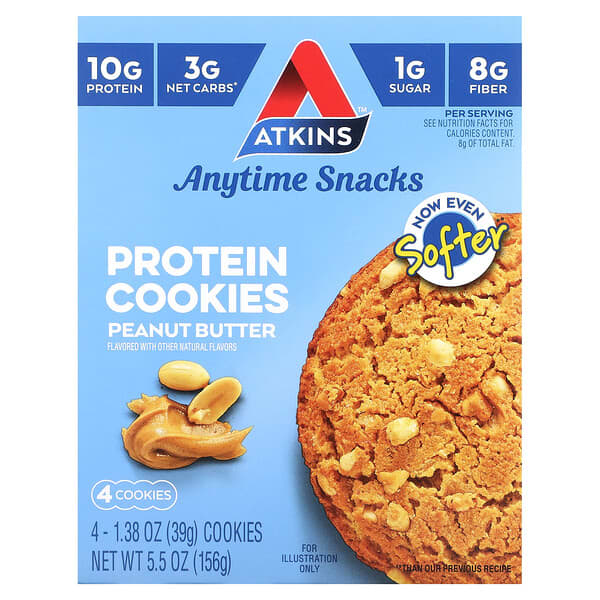 Atkins, Anytime Snacks, Protein Cookies, Peanut Butter, 4 Cookies, 1.38 ...