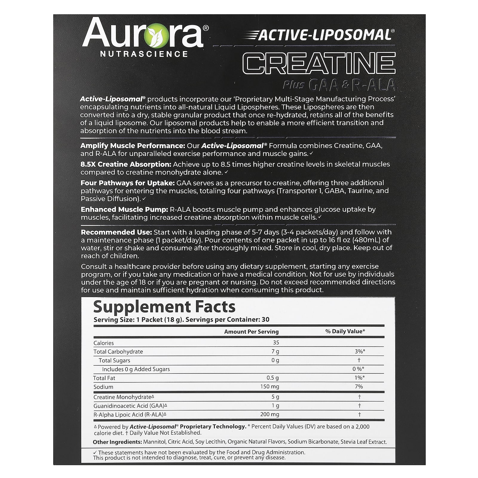 Aurora Nutrascience, Active Liposomal®, 크레아틴 함유 GAA 및 R-ALA, 30팩, 각 18g(0.63oz)