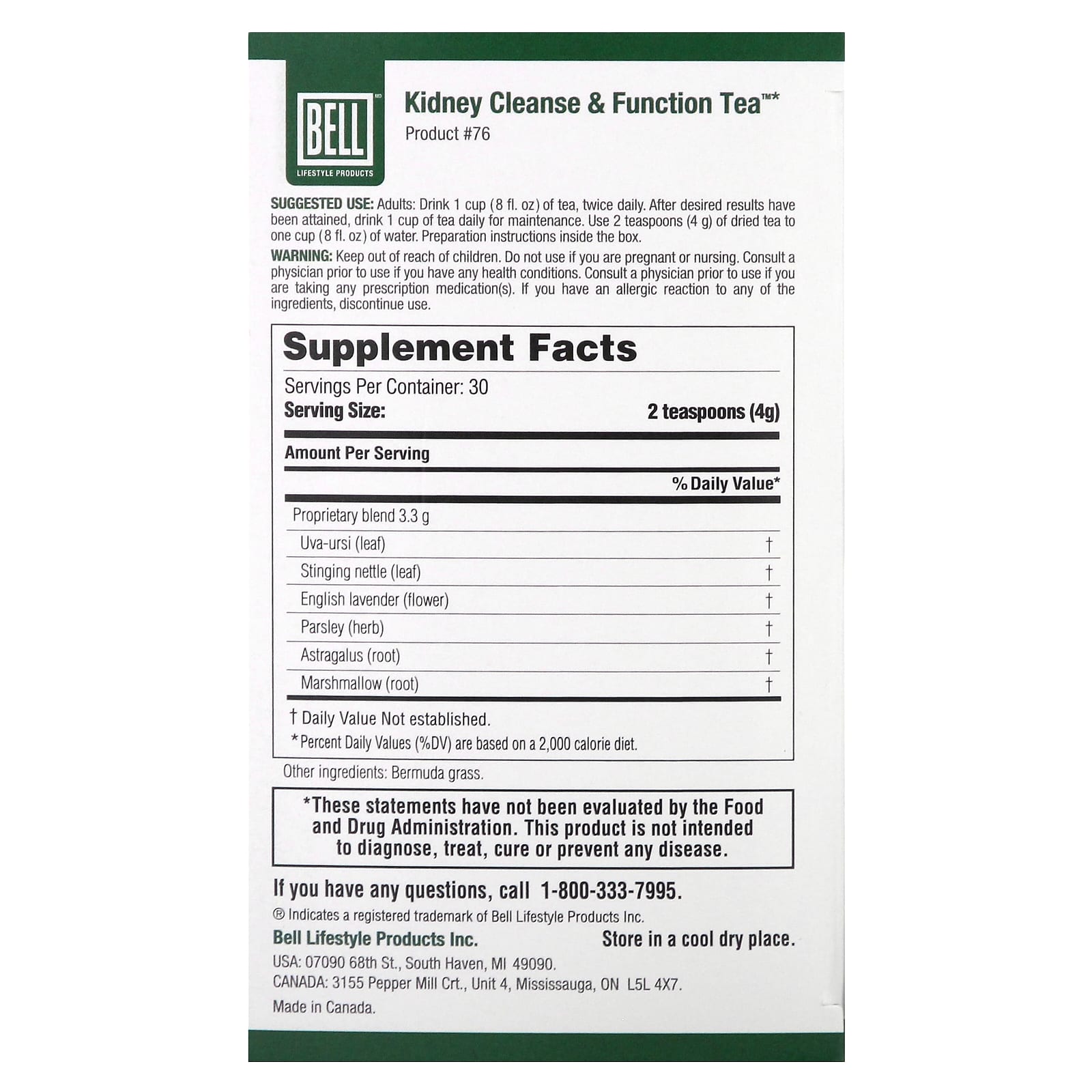 Bell Lifestyle, 신장 정화 및 기능 향상 차, 120g(4.2oz)