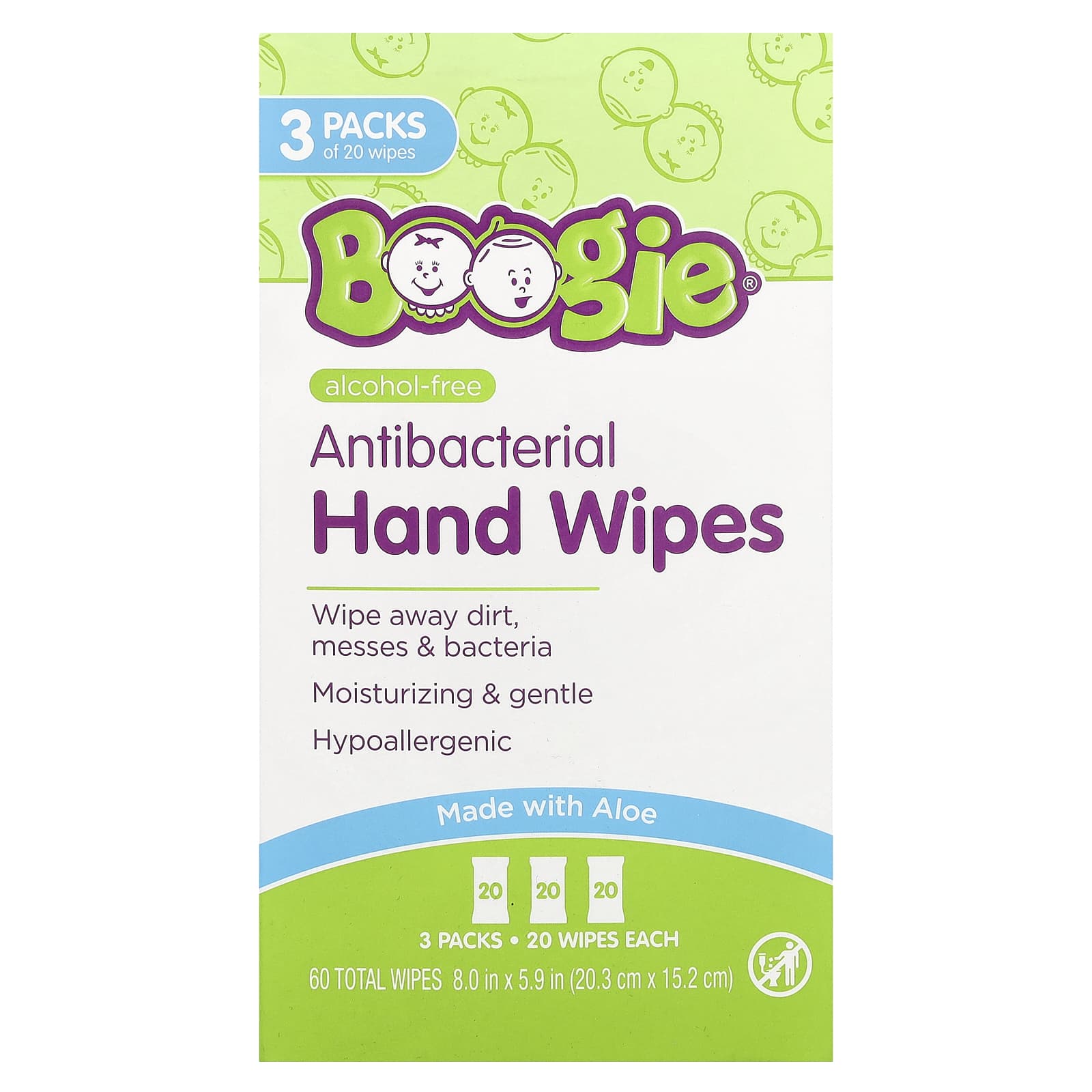 Boogie Wipes, Antibacterial Hand Wipes, Alcohol Free, 3 Packs, 20 Wipes ...