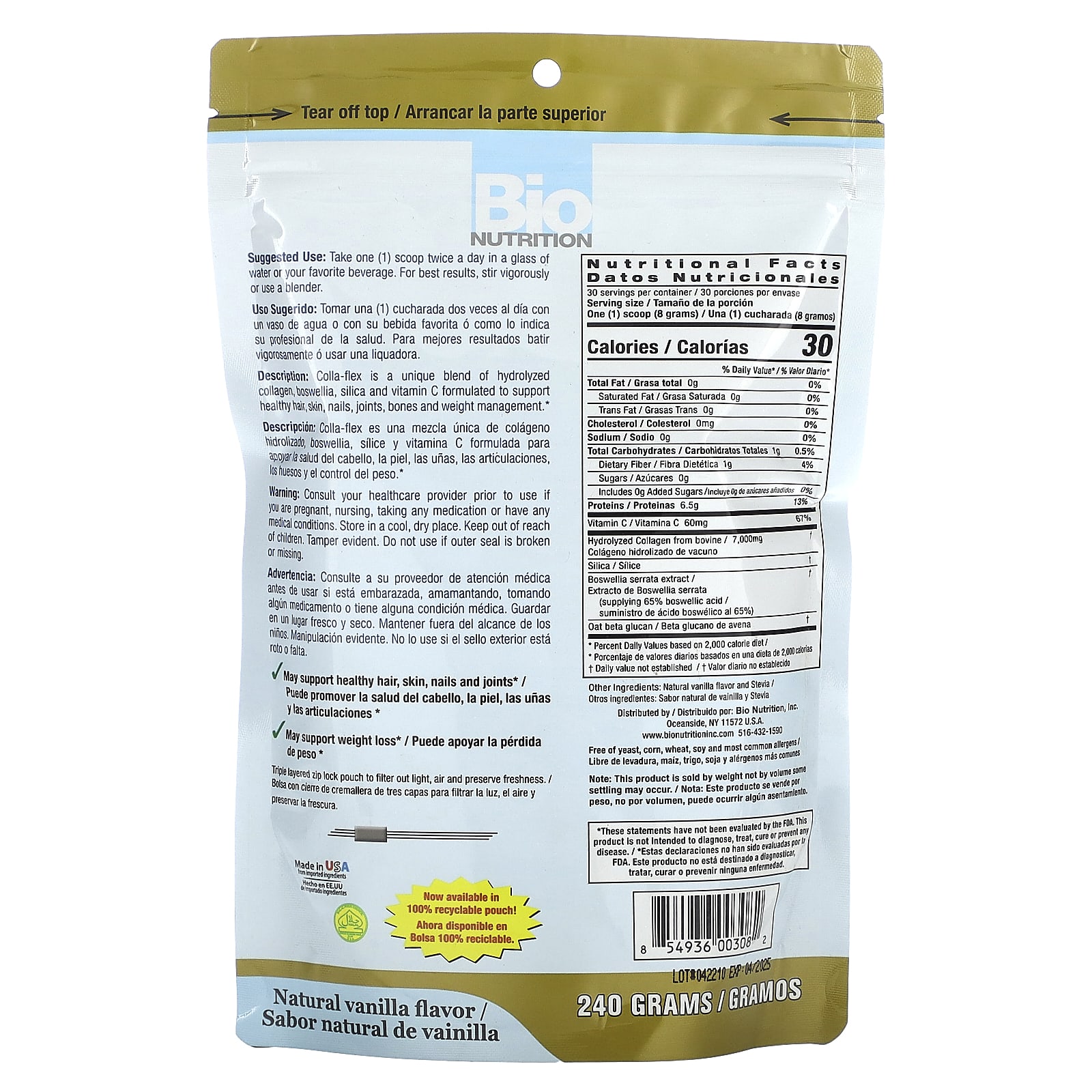 Bio Nutrition, Colla-Flex, Hydrolyzed Collagen with Boswellia, Silica ...