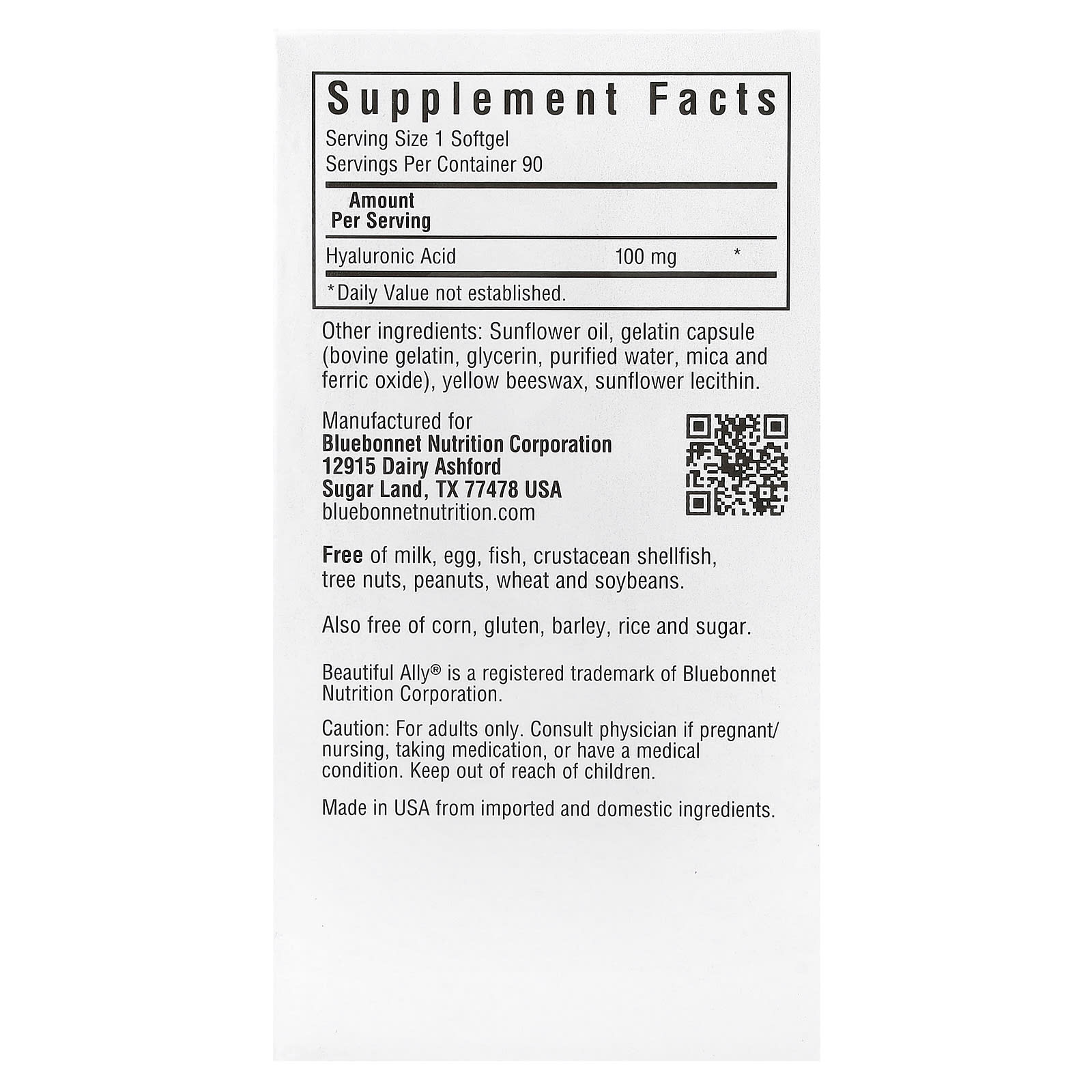 Bluebonnet Nutrition, Beautiful Ally, Hyaluronic Acid, 100 mg, 90 Softgels