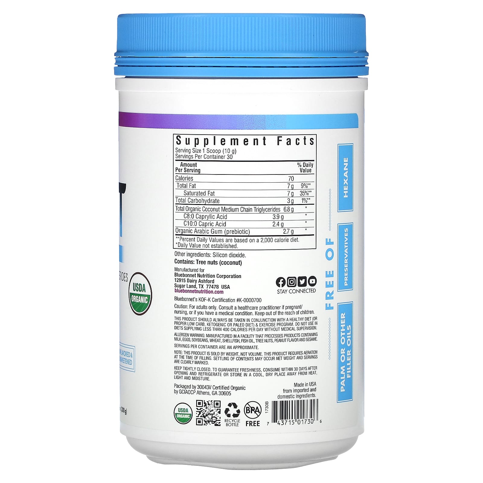 Bluebonnet Nutrition, Organic MCT Powder, Unflavored, 10.58 oz (300 g)