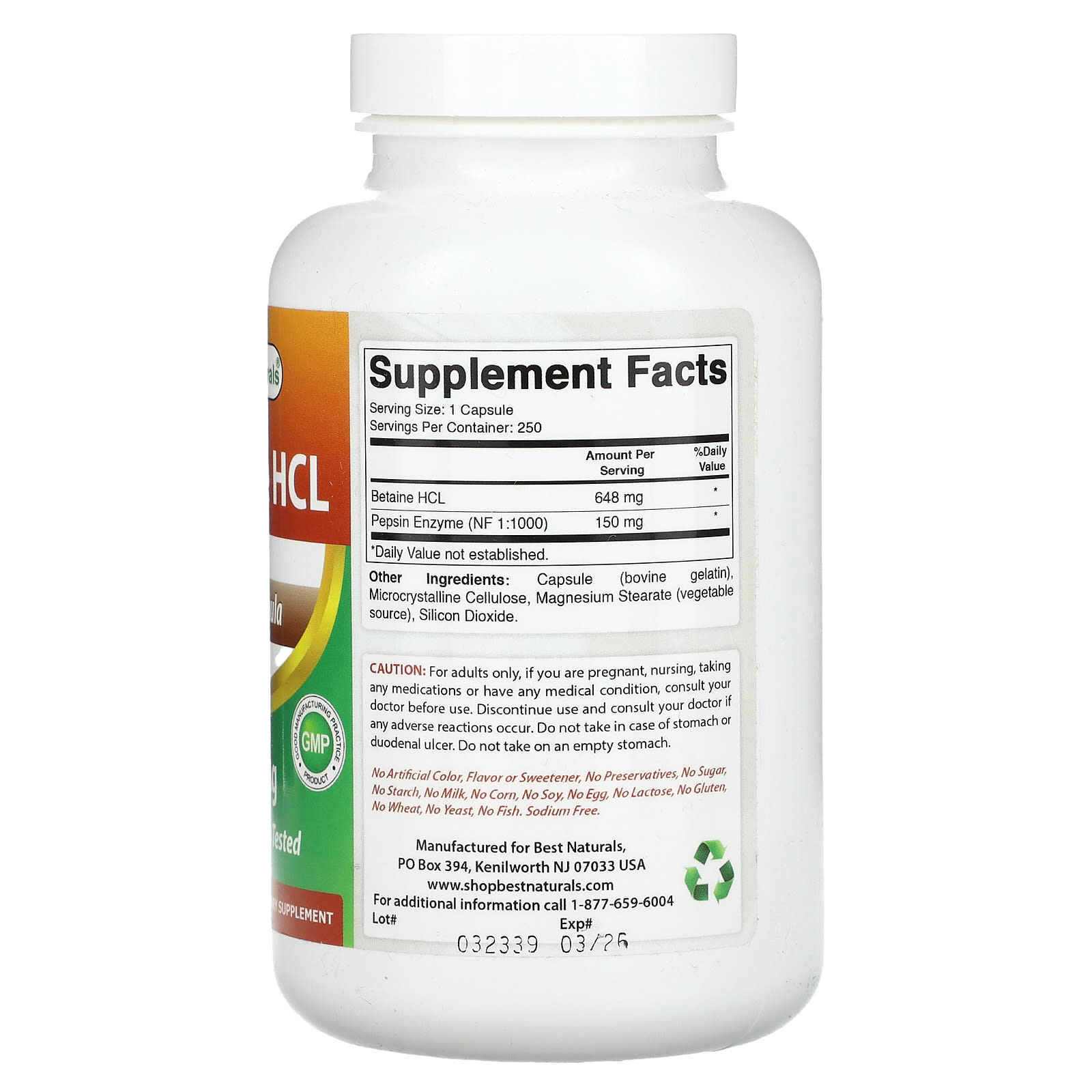 Best Naturals, Betaine HCL, 648 mg, 250 Capsules