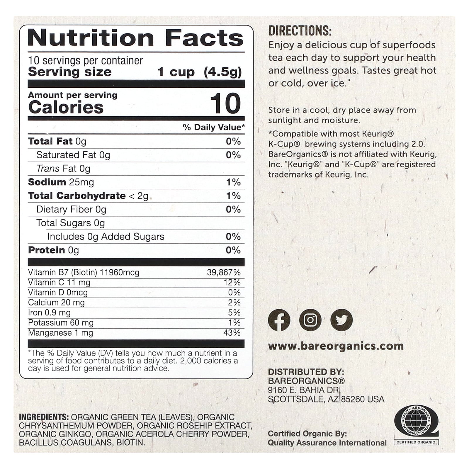 BareOrganics, Radiant, Tea with Superfoods, Green Tea, 10 Cups, 0.16 oz ...