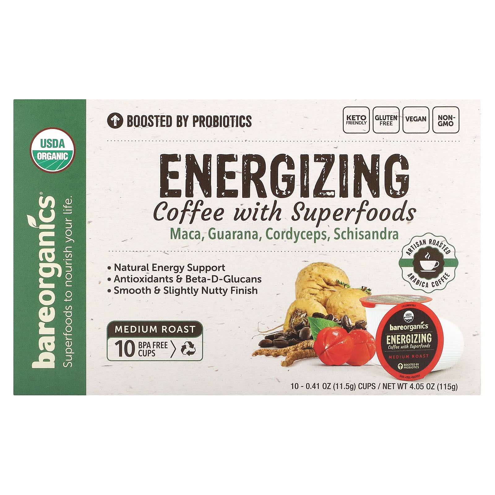 BareOrganics, Energizing, Coffee with Superfoods, Medium Roast, 10 Cups ...