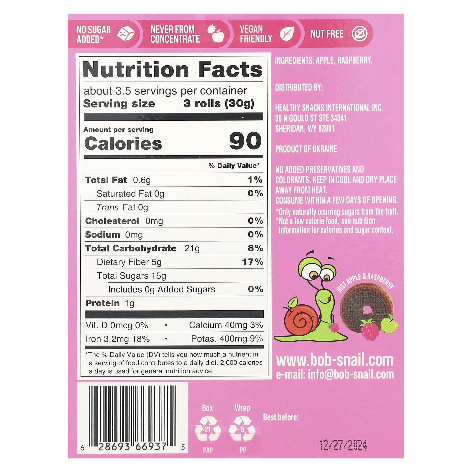Bob Snail, Fruit Roll, Apple-Raspberry, 10 Pouches, 0.35 oz (10 g) Each