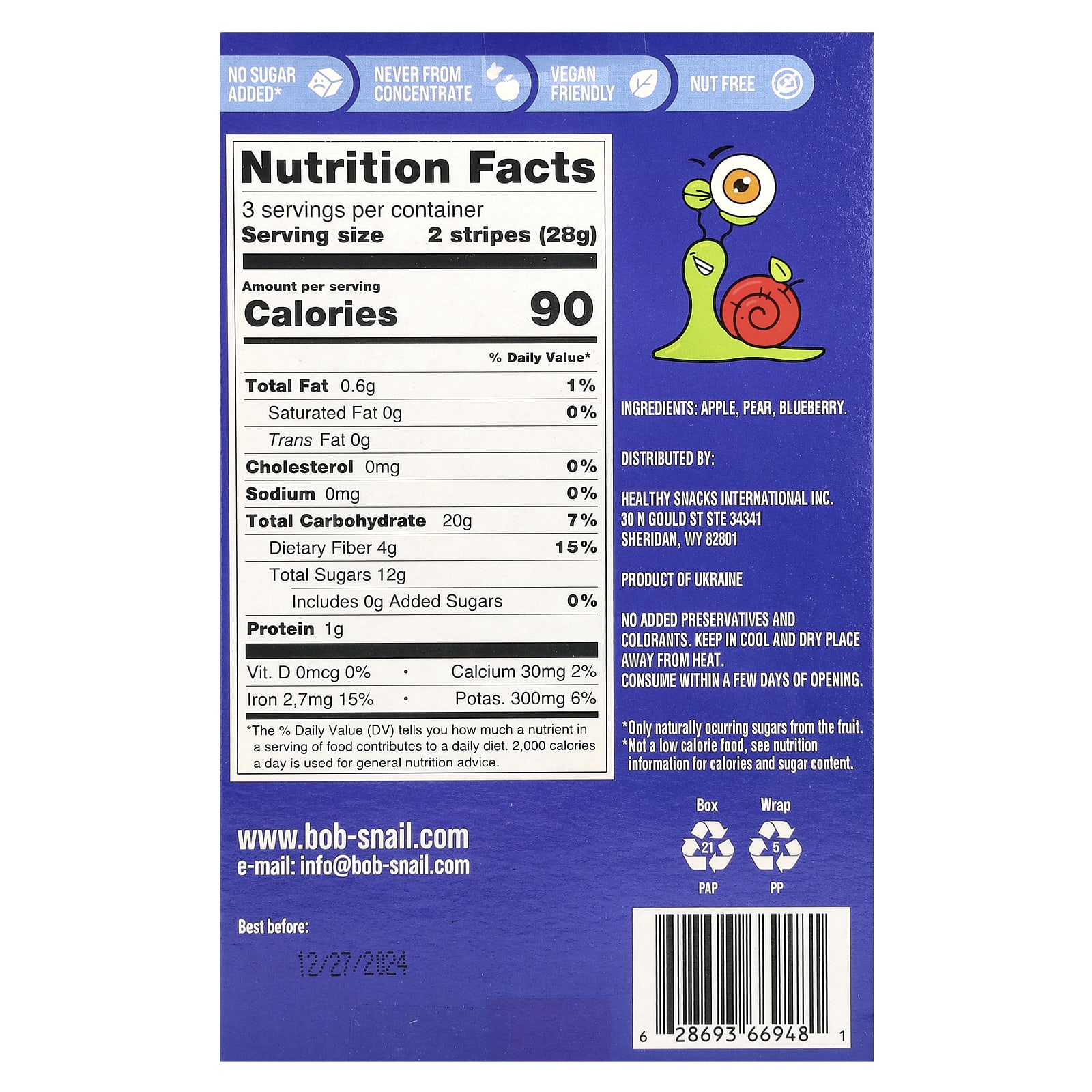 Bob Snail, Fruit Stripe, Apple-Pear-Blueberry, 6 Stripes, 0.49 oz (14 g ...