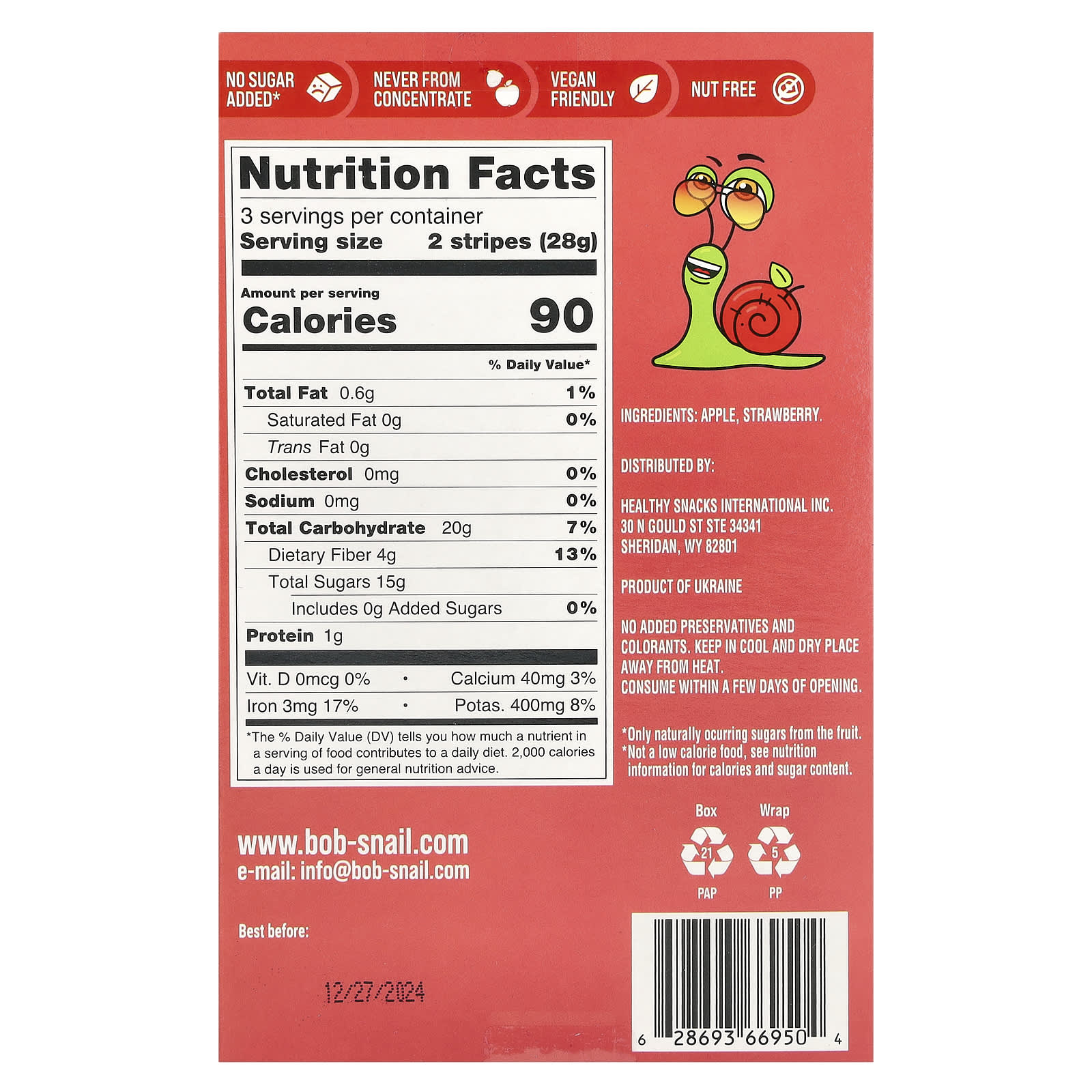 Bob Snail, Fruit Stripe, Apple-Strawberry, 6 Stripes, 0.49 oz (14 g) Each