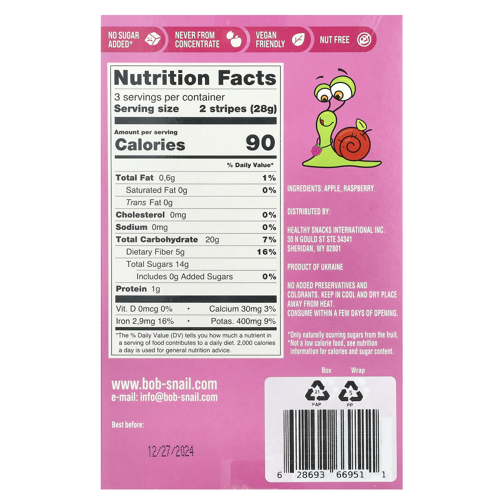 Bob Snail, Fruit Stripe, Apple-Raspberry, 6 Count, 0.49 oz (14 g) Each