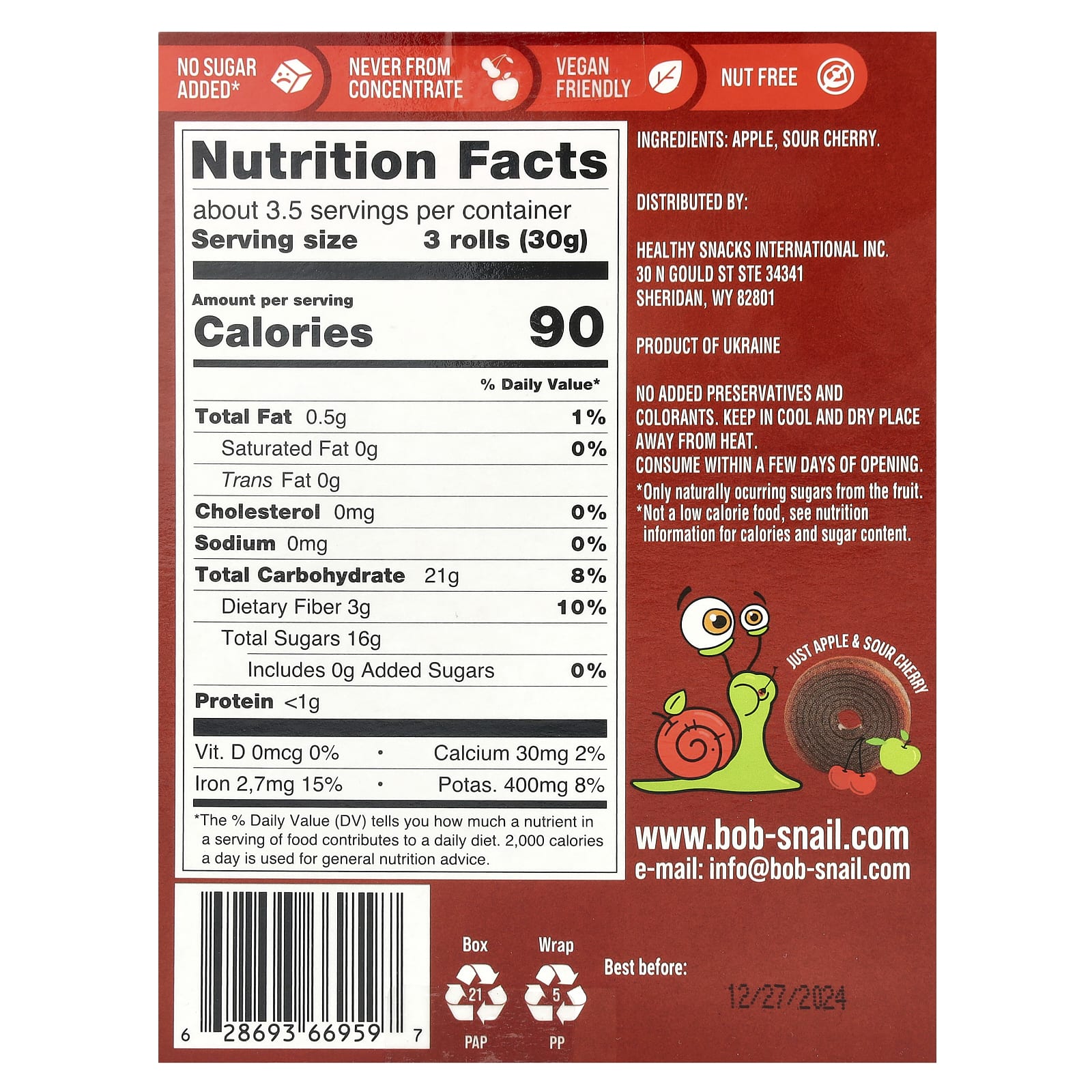 Bob Snail, Fruit Rolls, Apple-Sour Cherry, 10 Pouches, 0.35 oz (10 g) Each