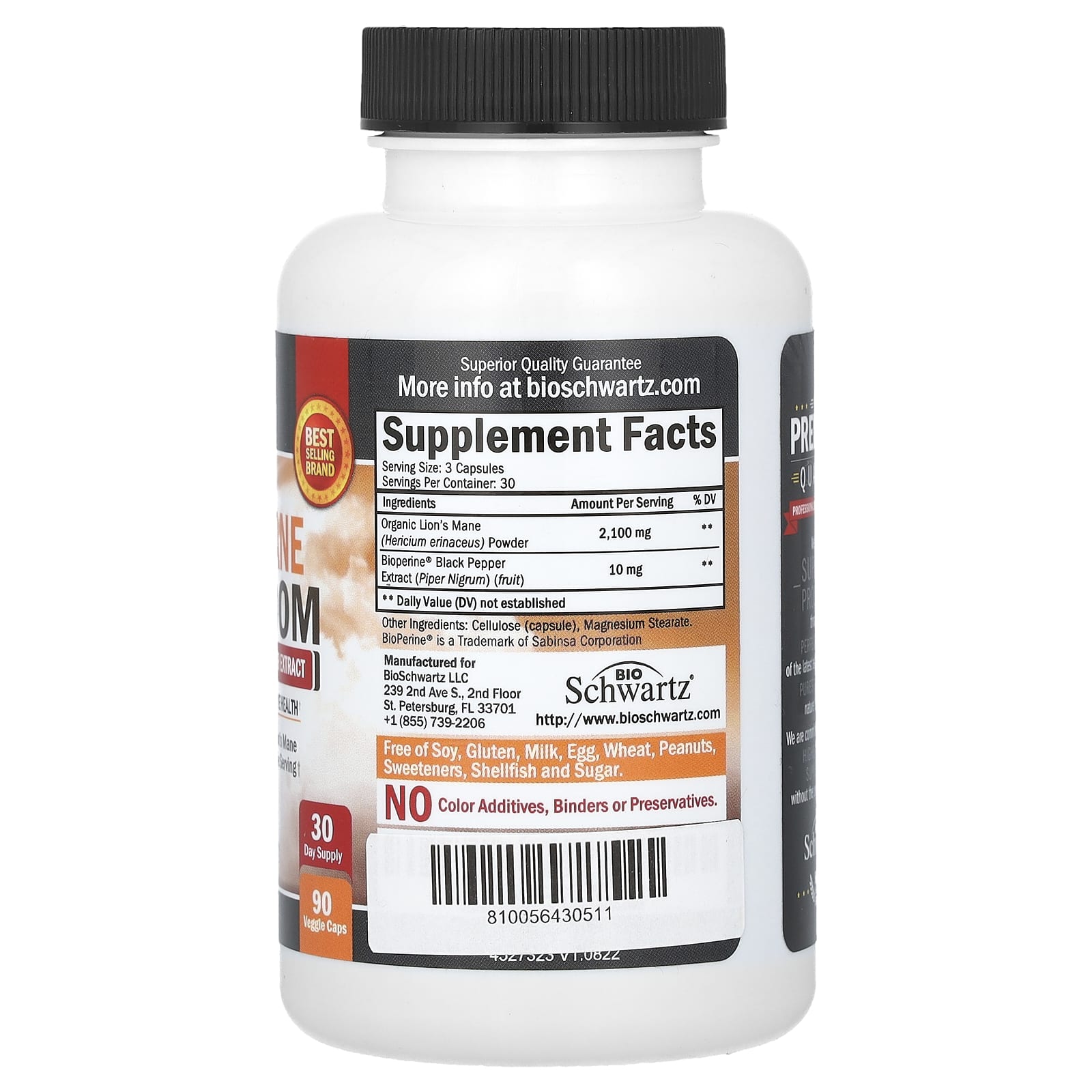 BioSchwartz, Organic Lion's Mane Mushroom with Bioperine Black Pepper ...