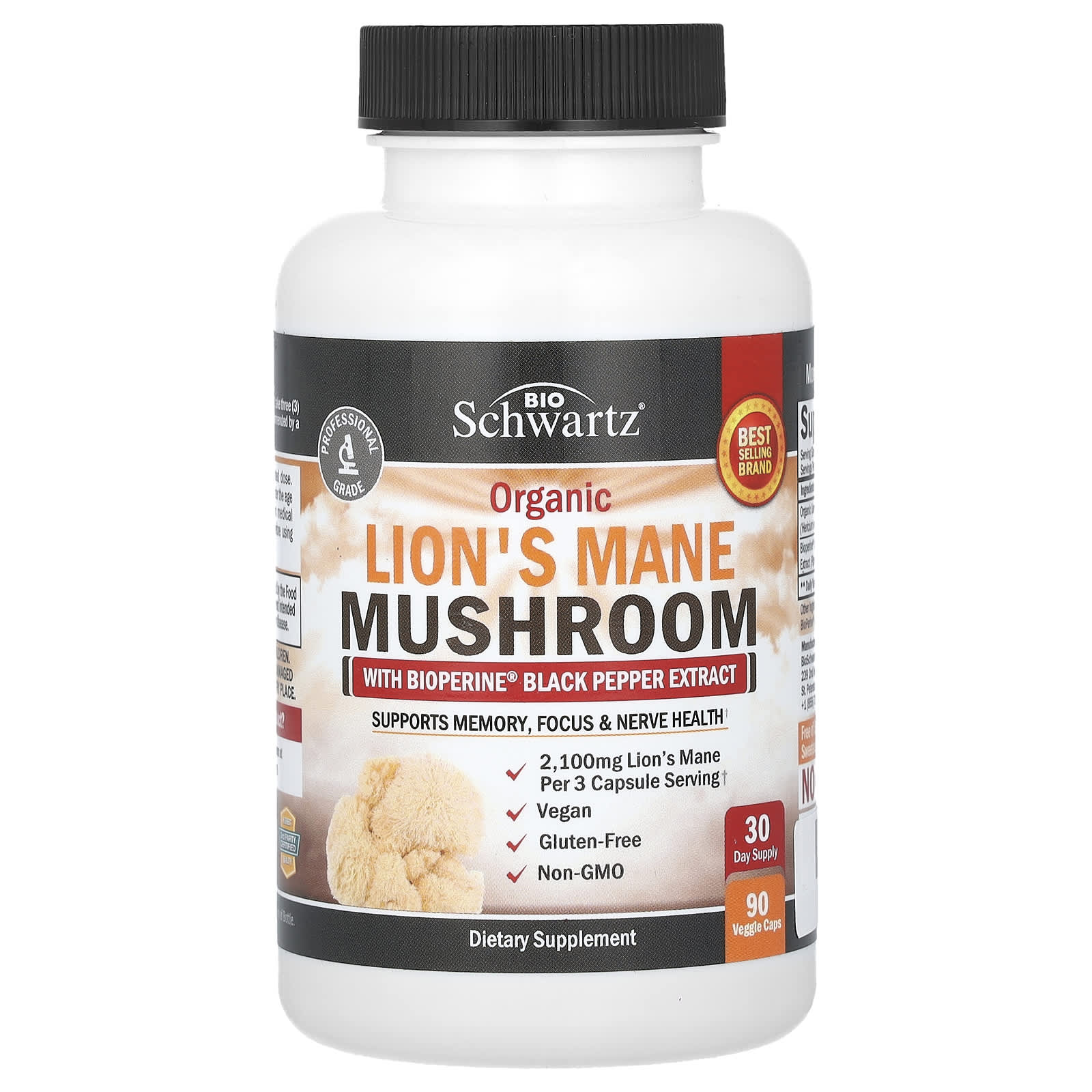 BioSchwartz, Organic Lion's Mane Mushroom with Bioperine Black Pepper ...