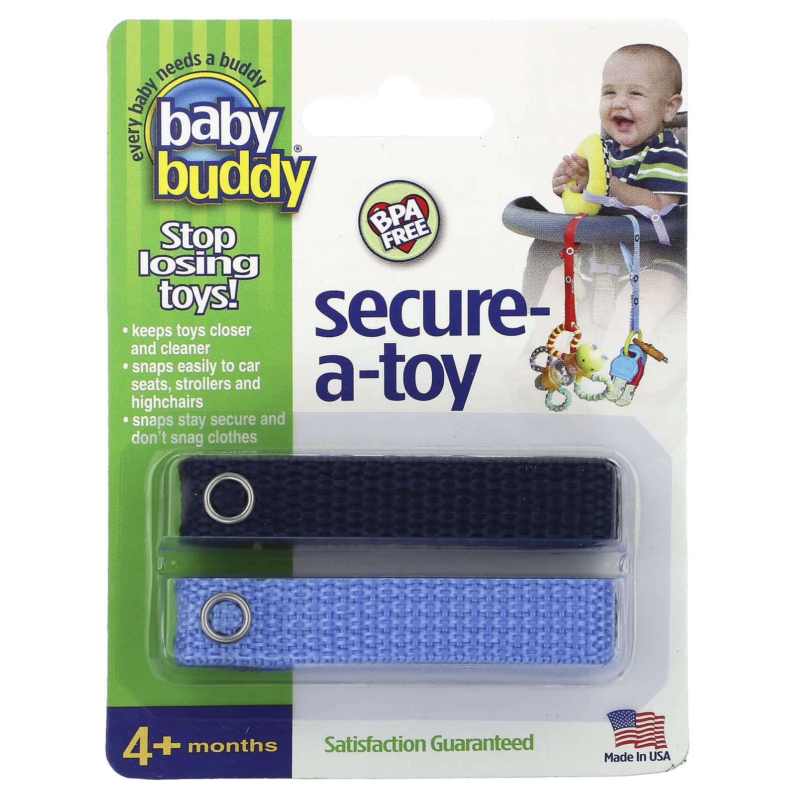 Baby Buddy, Secure-A-Toy, 4+ Months, Deep Blue & Sky Blue, 2 Straps