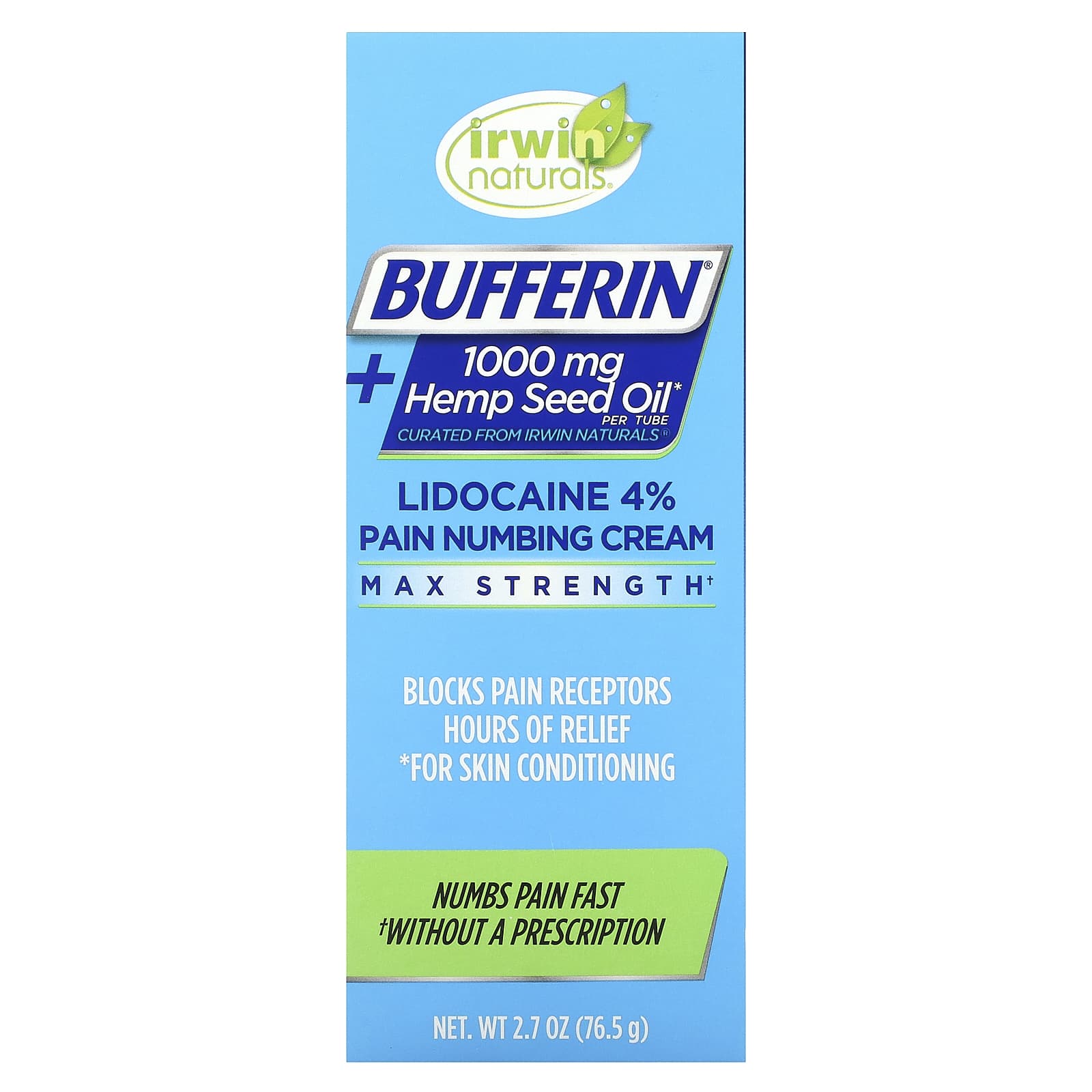 Bufferin, Lidocaine 4% Pain Numbing Cream, Max Strength, 2.7 oz (76.5 g)