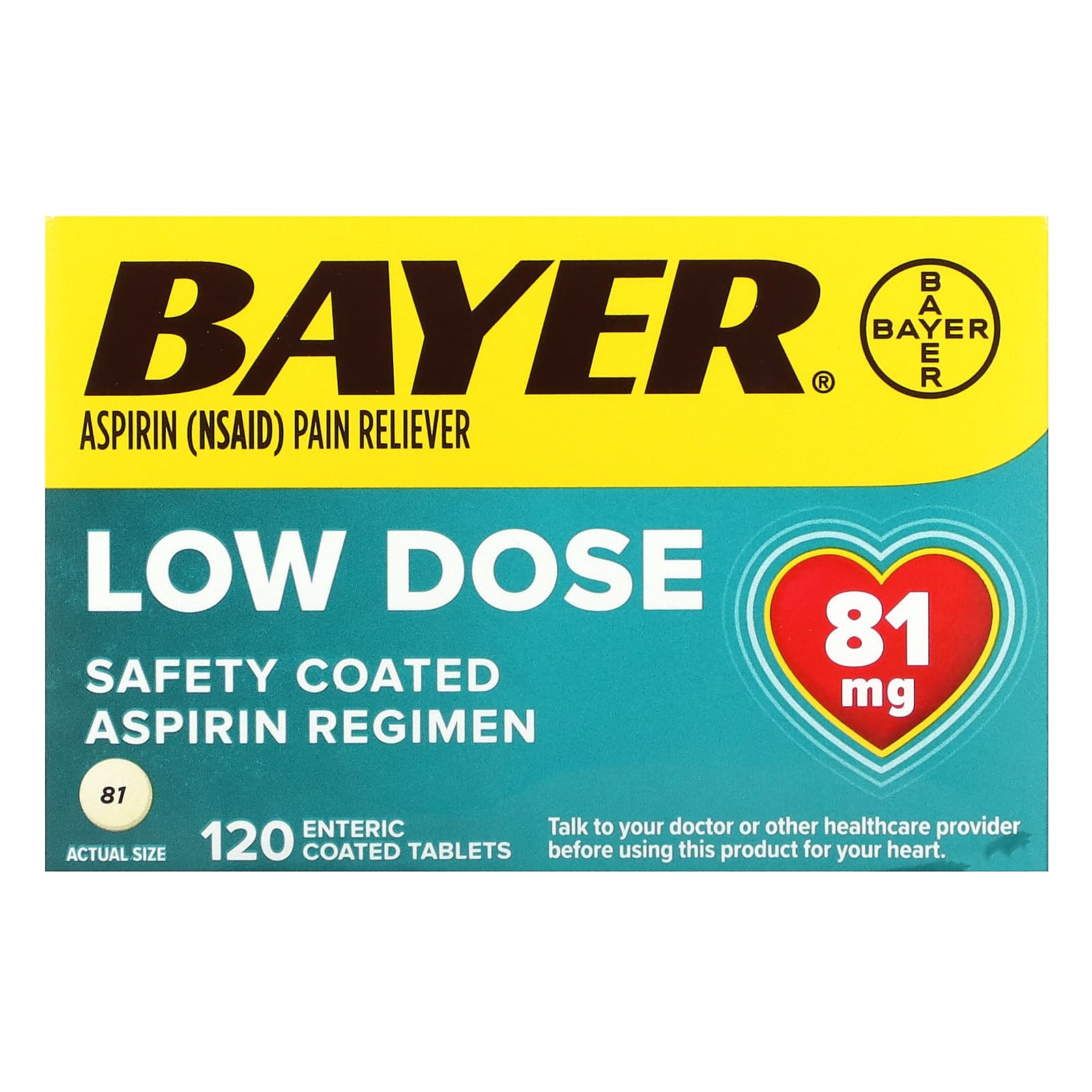 Bayer, Safety Coated Aspirin Regimen, Low Dose, 81 mg, 120 Enteric ...