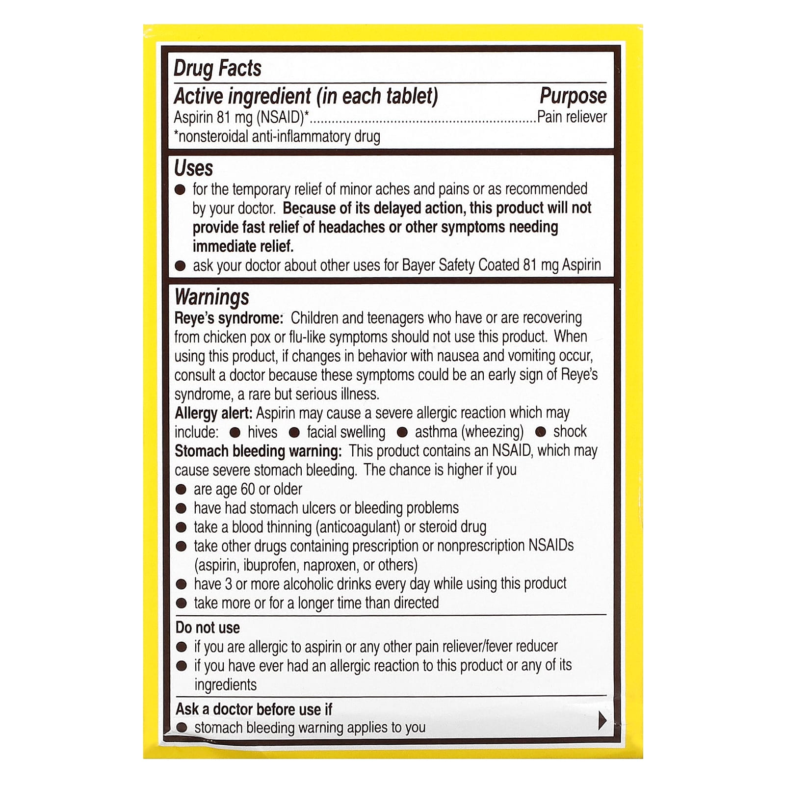 Bayer, Safety Coated Aspirin Regimen, Low Dose, 81 mg, 120 Enteric ...