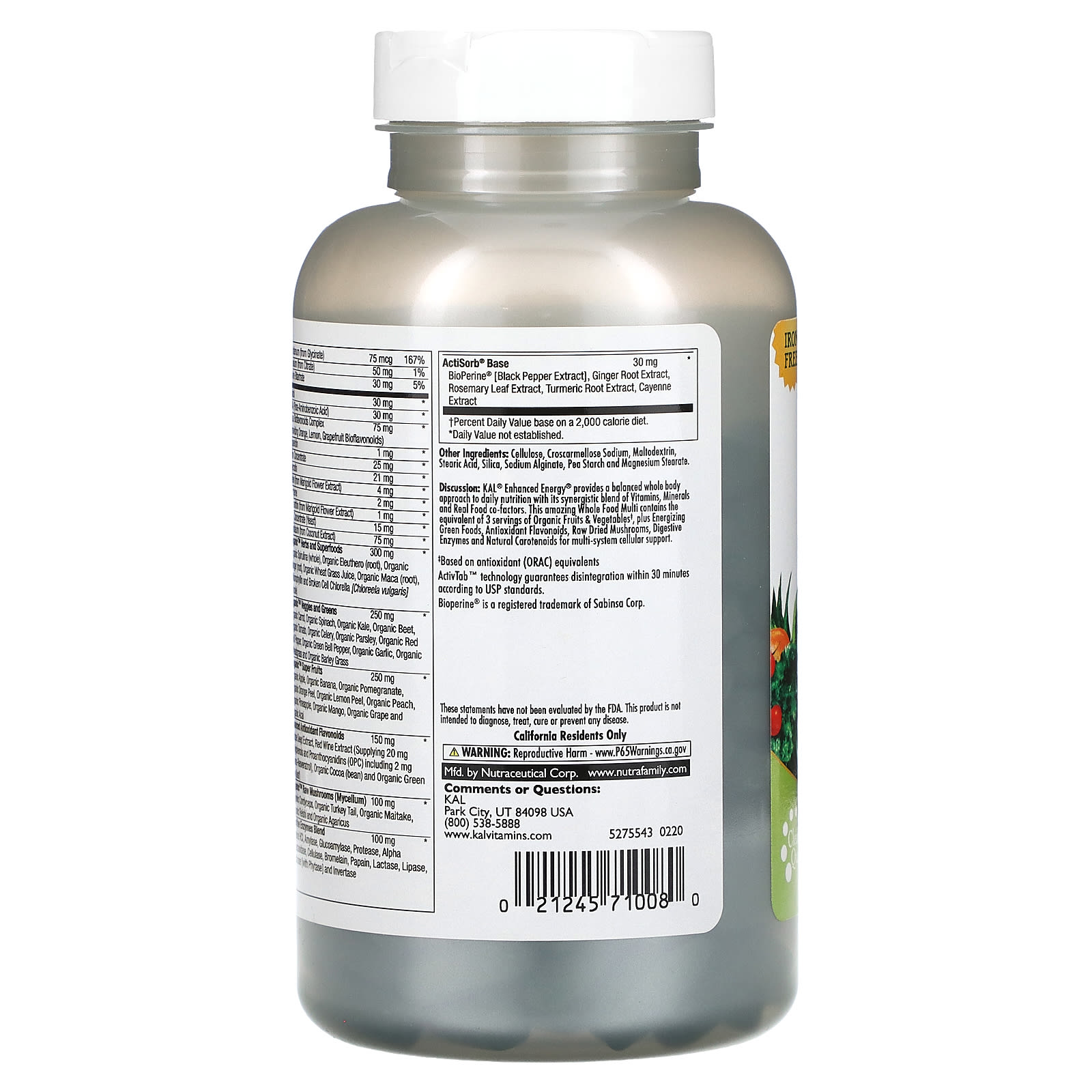 KAL, Enhanced Energy, Whole Food Multivitamin, Iron Free, 180 ...