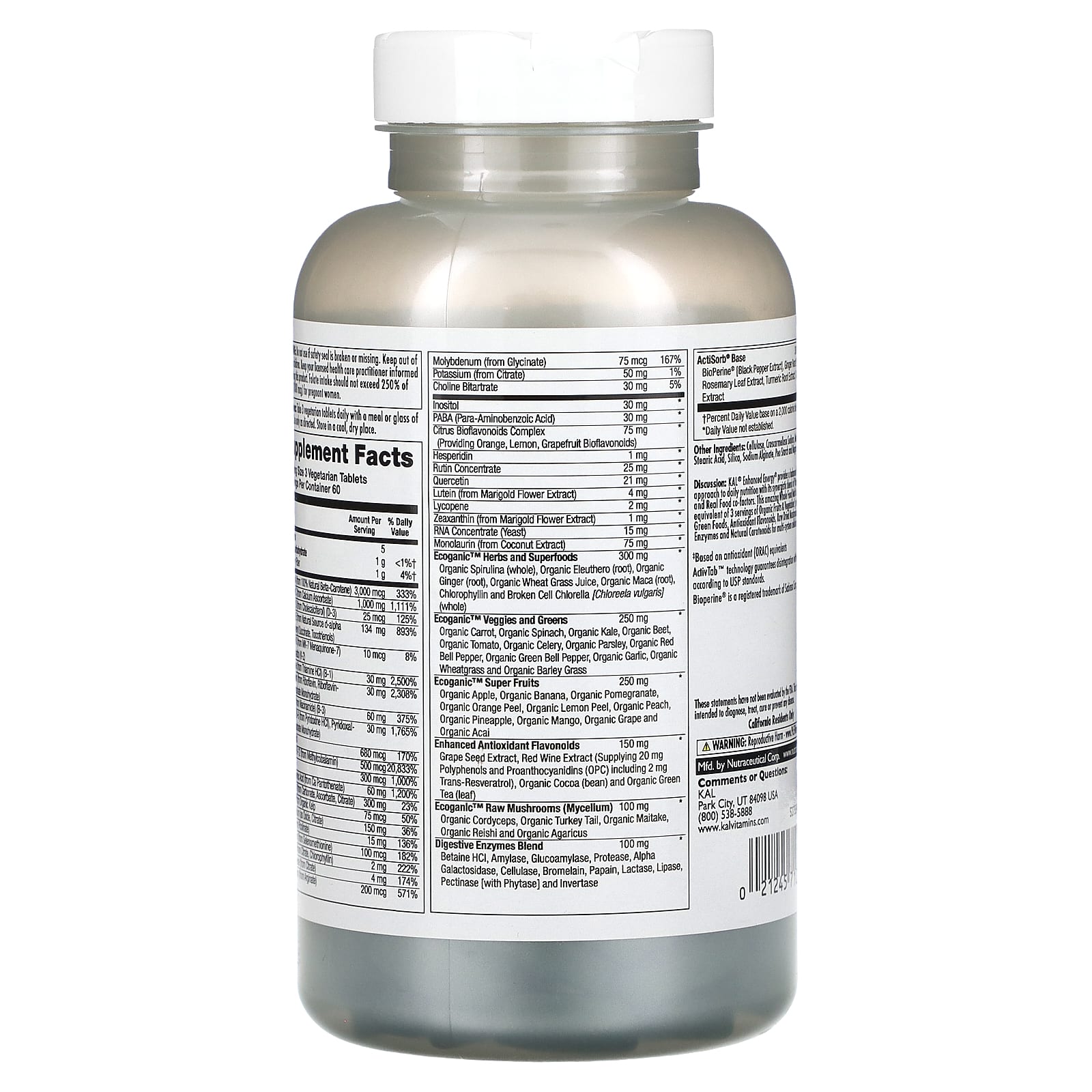 KAL, Enhanced Energy, Whole Food Multivitamin, Iron Free, 180 ...