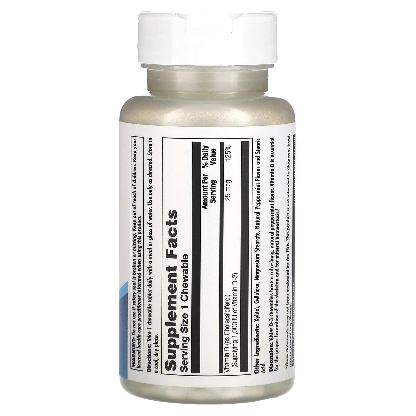 KAL, D-3, Peppermint, 25 mcg (1,000 IU), 200 Chewables