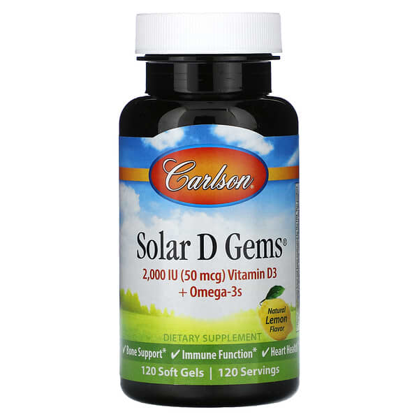 Carlson, Solar D Gems® , Vitamin D3 + Omega-3s, Natural Lemon, 120 Soft ...