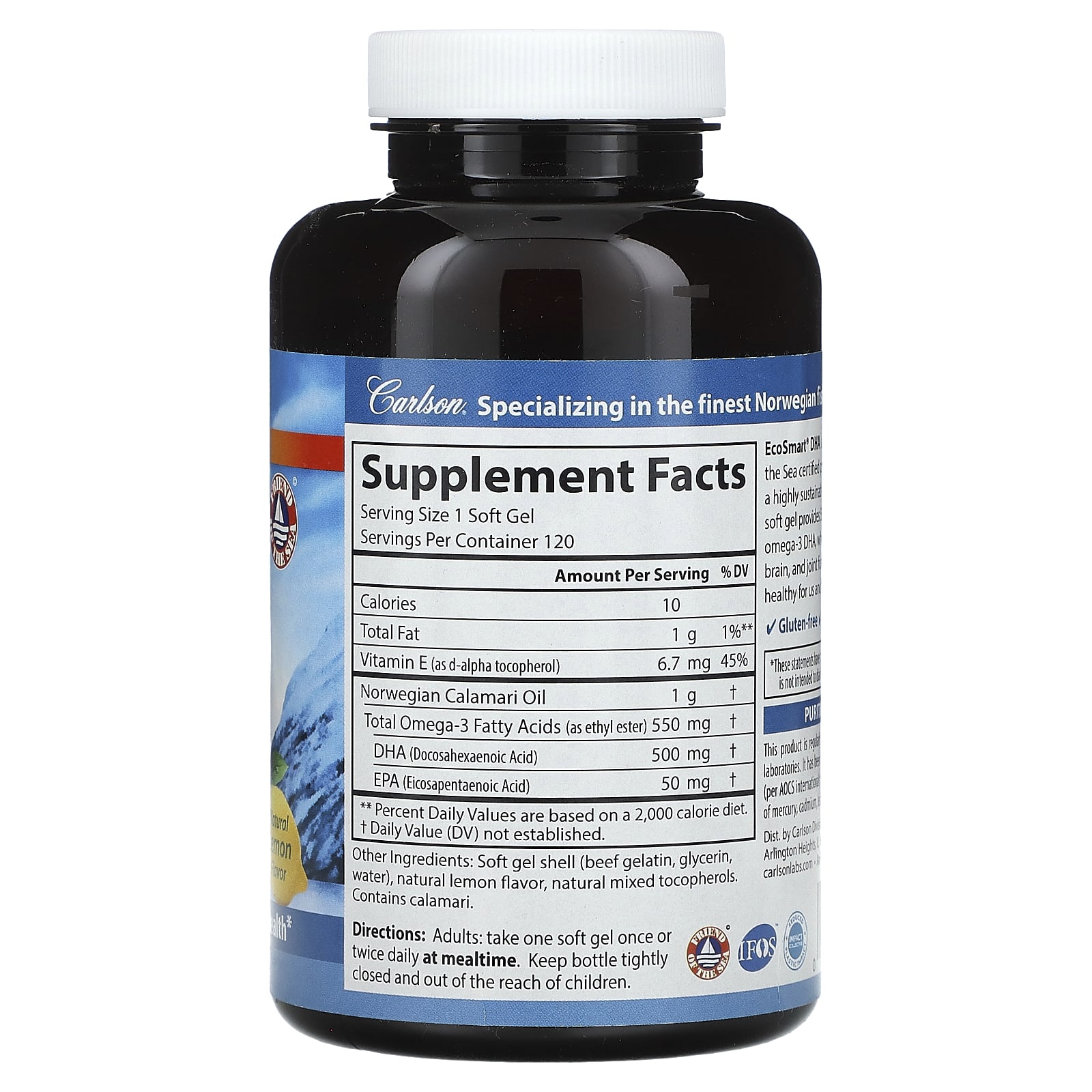 Carlson, EcoSmart DHA, Natural Lemon, 500 mg, 120 Softgels