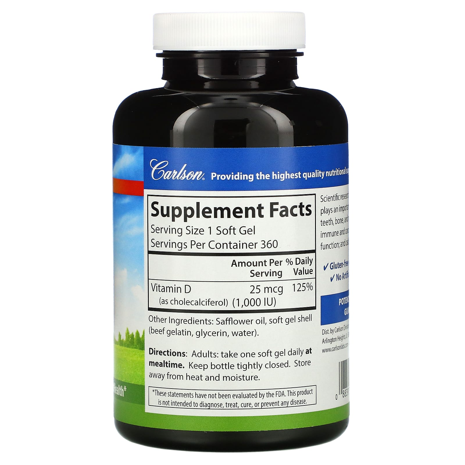 Carlson, Vitamin D3, 25 mcg (1,000 IU), 360 Soft Gels