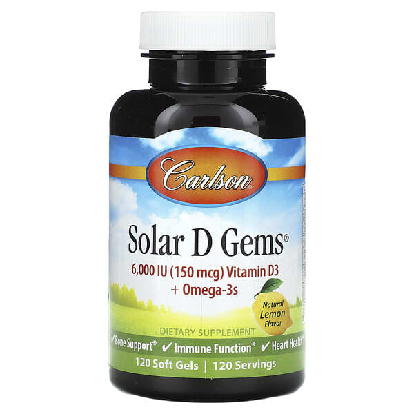 Carlson, Solar D Gems® , Vitamin D3 + Omega-3s, Natural Lemon, 120 Soft ...