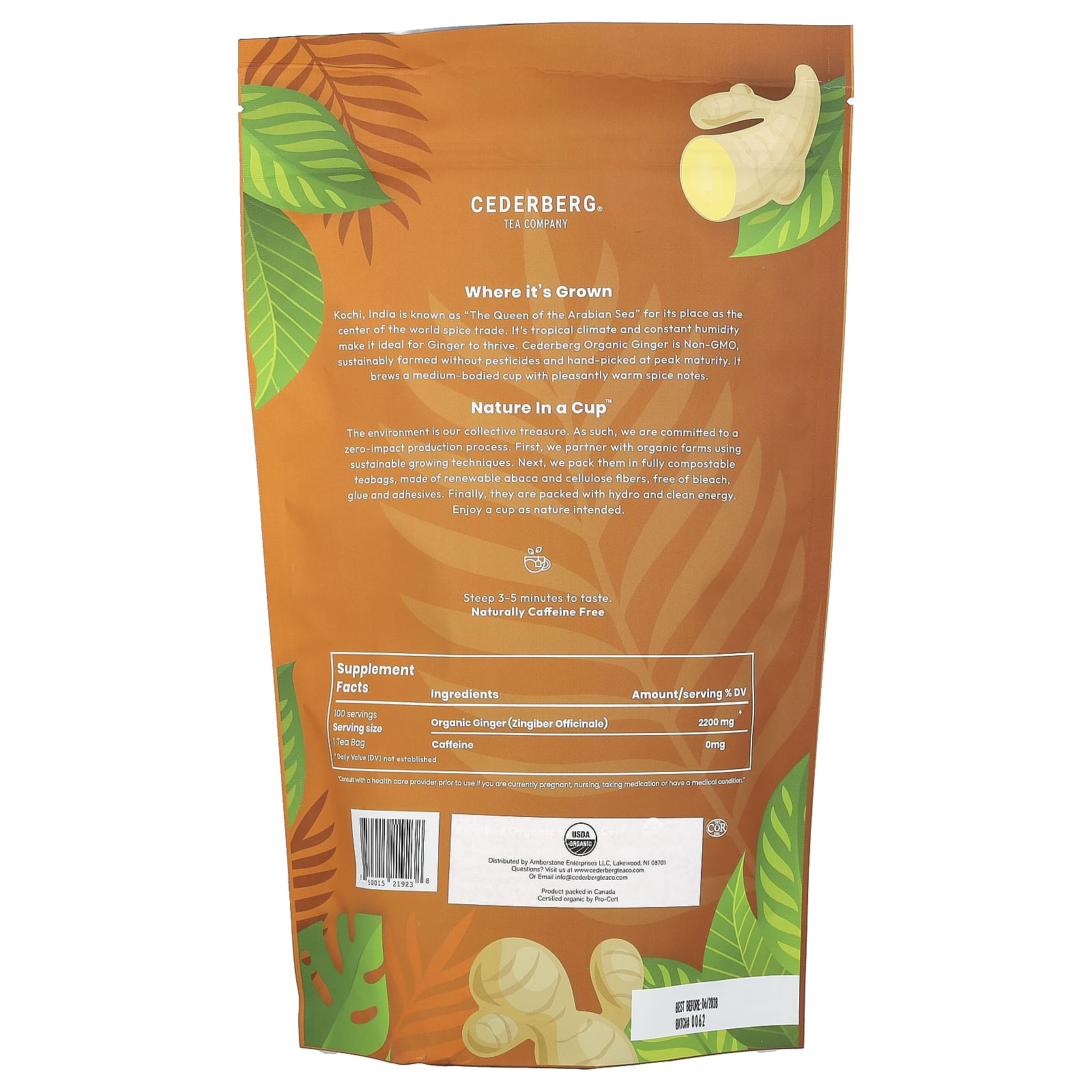 Cederberg Tea Co, Organic Ginger, Caffeine Free, 100 Natural Tea Bags ...