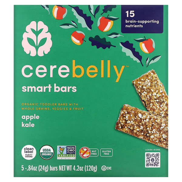 Cerebelly, Smart Bars, Organic Toddler Bars, Apple Kale, 5 Bars, 0.84 ...