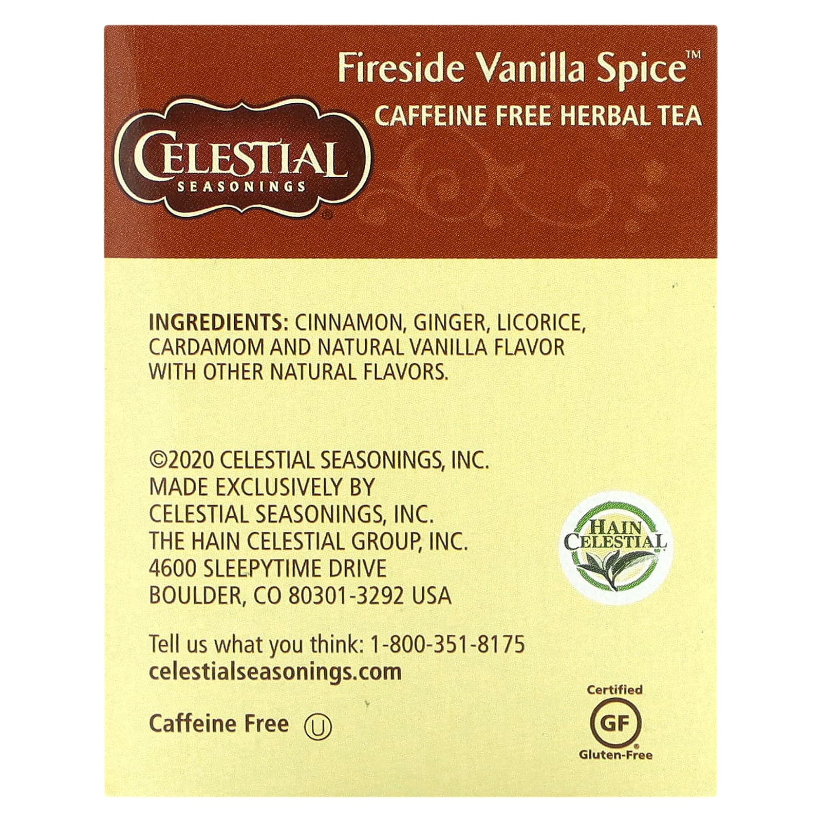 Celestial Seasonings, Herbal Tea, Fireside Vanilla Spice, Caffeine Free ...