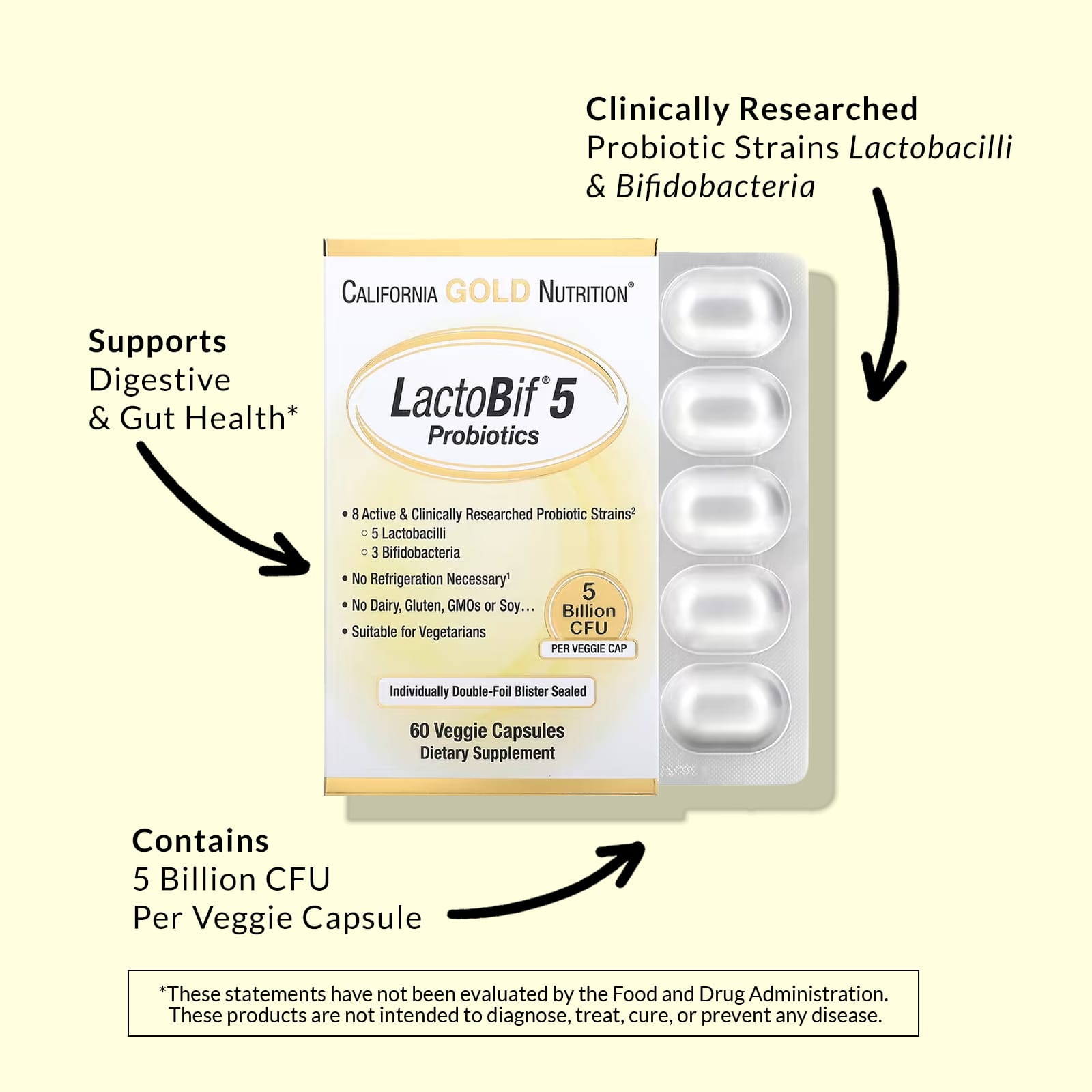 California Gold Nutrition, LactoBif 5 프로바이오틱, 50억CFU, 베지 캡슐 60정