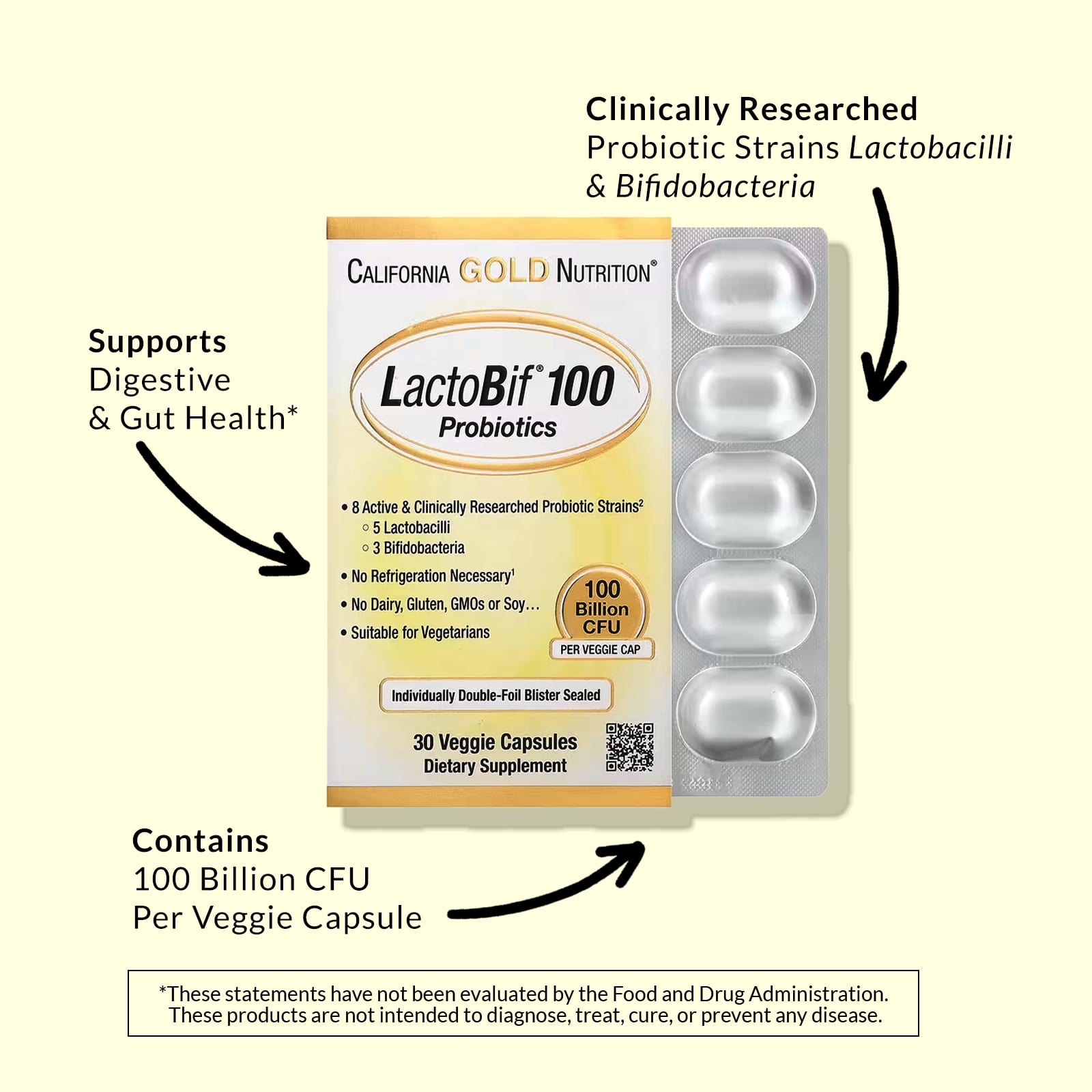 California Gold Nutrition, LactoBif® 100 Probiotics, 100 Billion CFU ...
