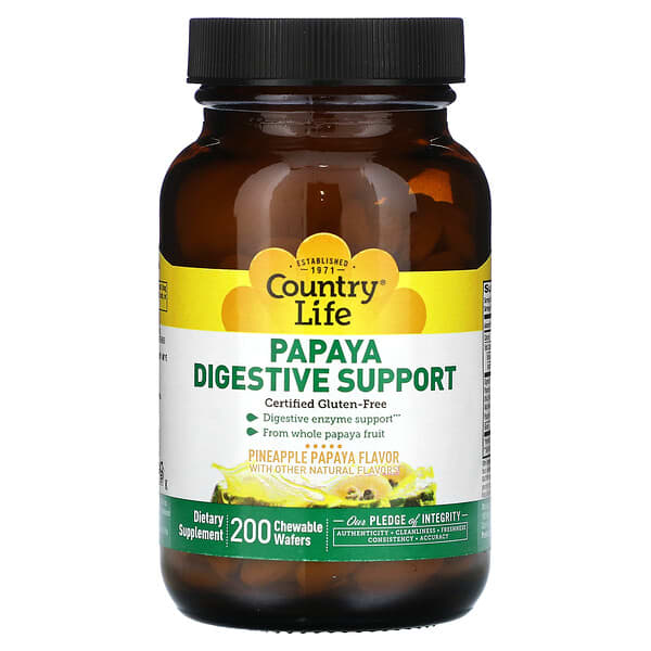 Country Life, Papaya Digestive Support, Pineapple Papaya, 200 Chewable ...