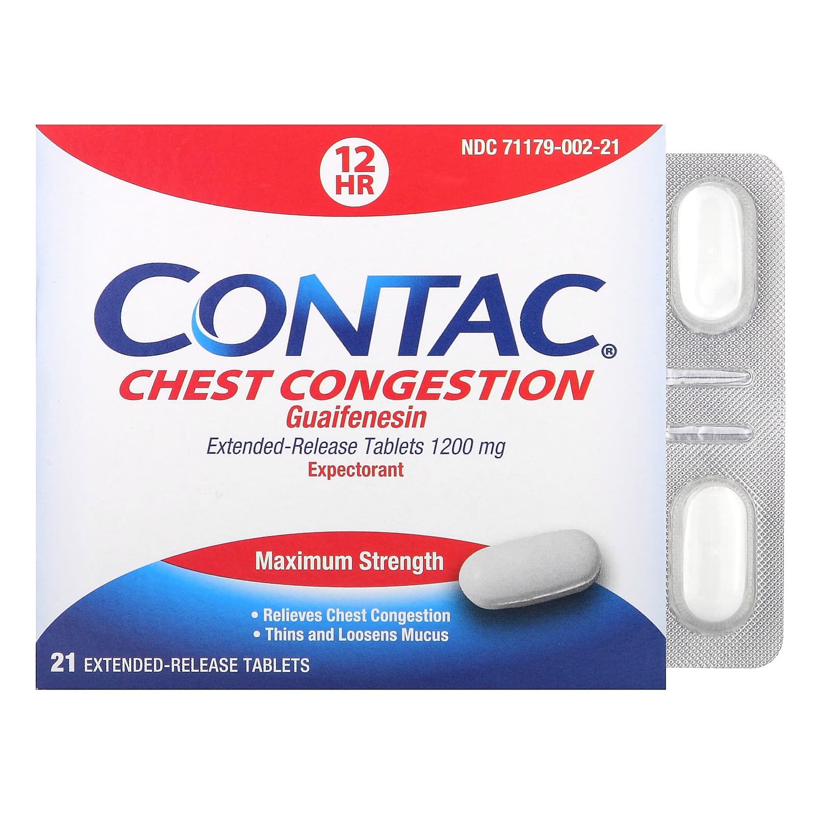Contac, Chest Congestion Guaifenesin, Maximum Strength, 1,200 mg, 21 ...