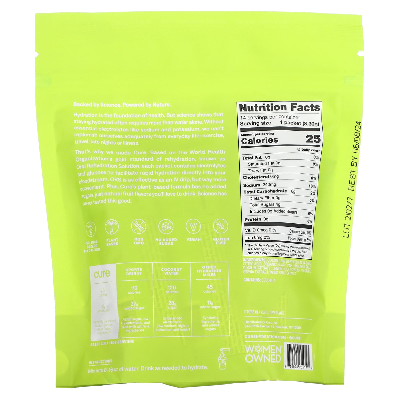 Cure Hydration, Hydrating Electrolyte Mix, Lime, 14 Packets, 0.29 oz (8 ...
