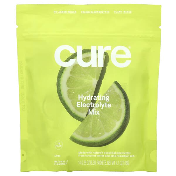 Cure Hydration, Hydrating Electrolyte Mix, Lime, 14 Packets, 0.29 oz (8 ...