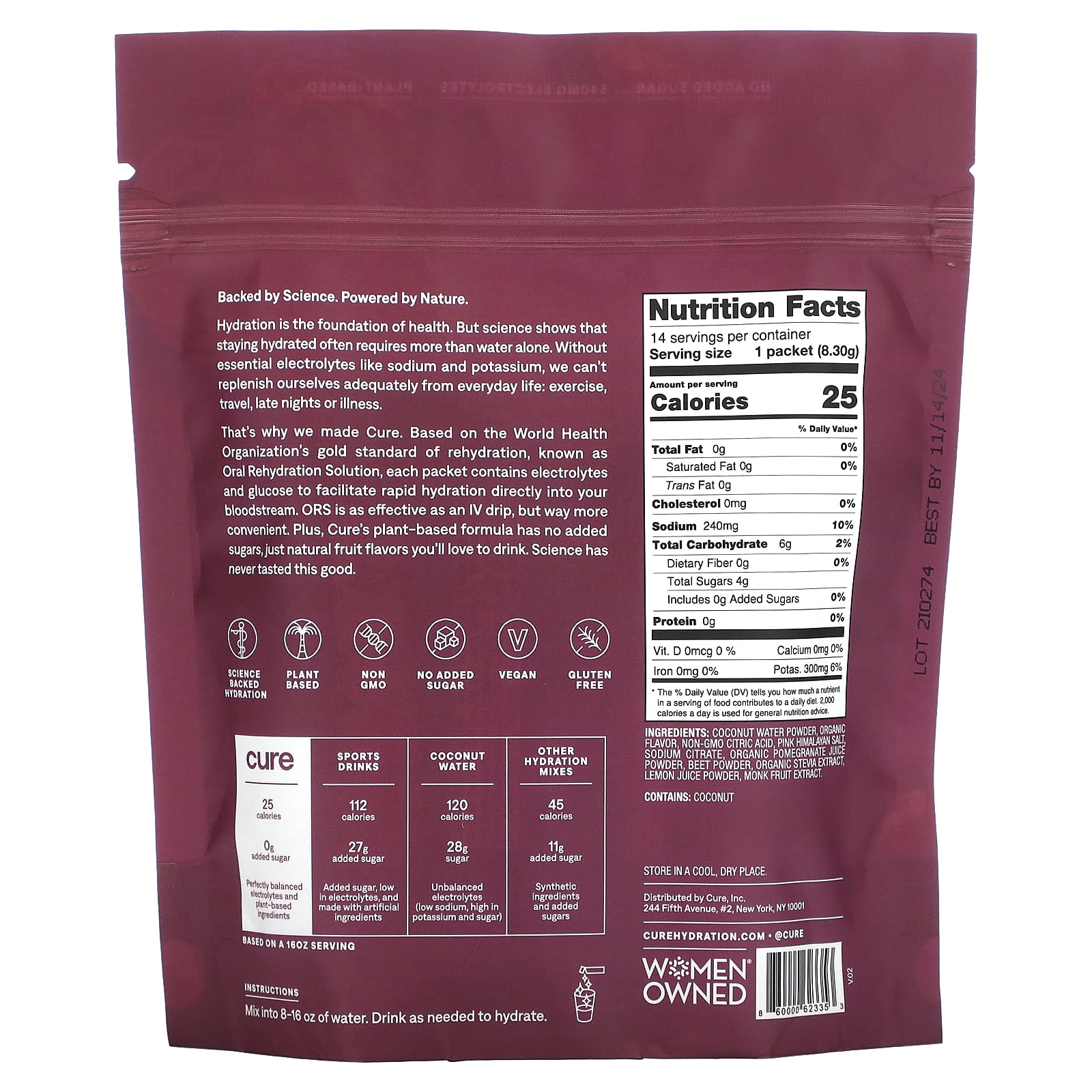 Cure Hydration, Hydrating Electrolyte Mix, Berry Pomegranate, 14 ...