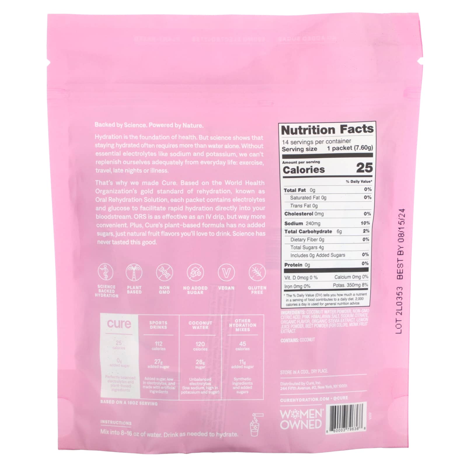 Cure Hydration, Hydrating Electrolyte Mix, Watermelon, 14 Packets, 0.27 ...