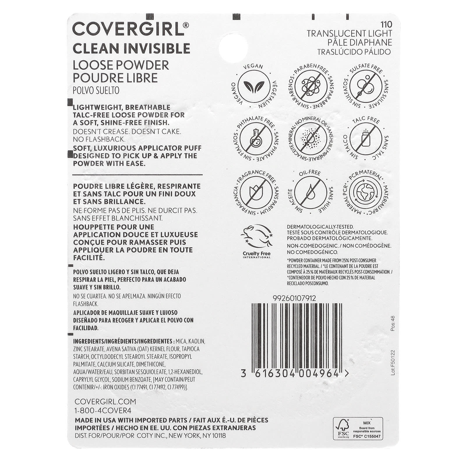 Covergirl, Clean Invisible, Loose Powder, 110 Translucent Light, 0.63 ...