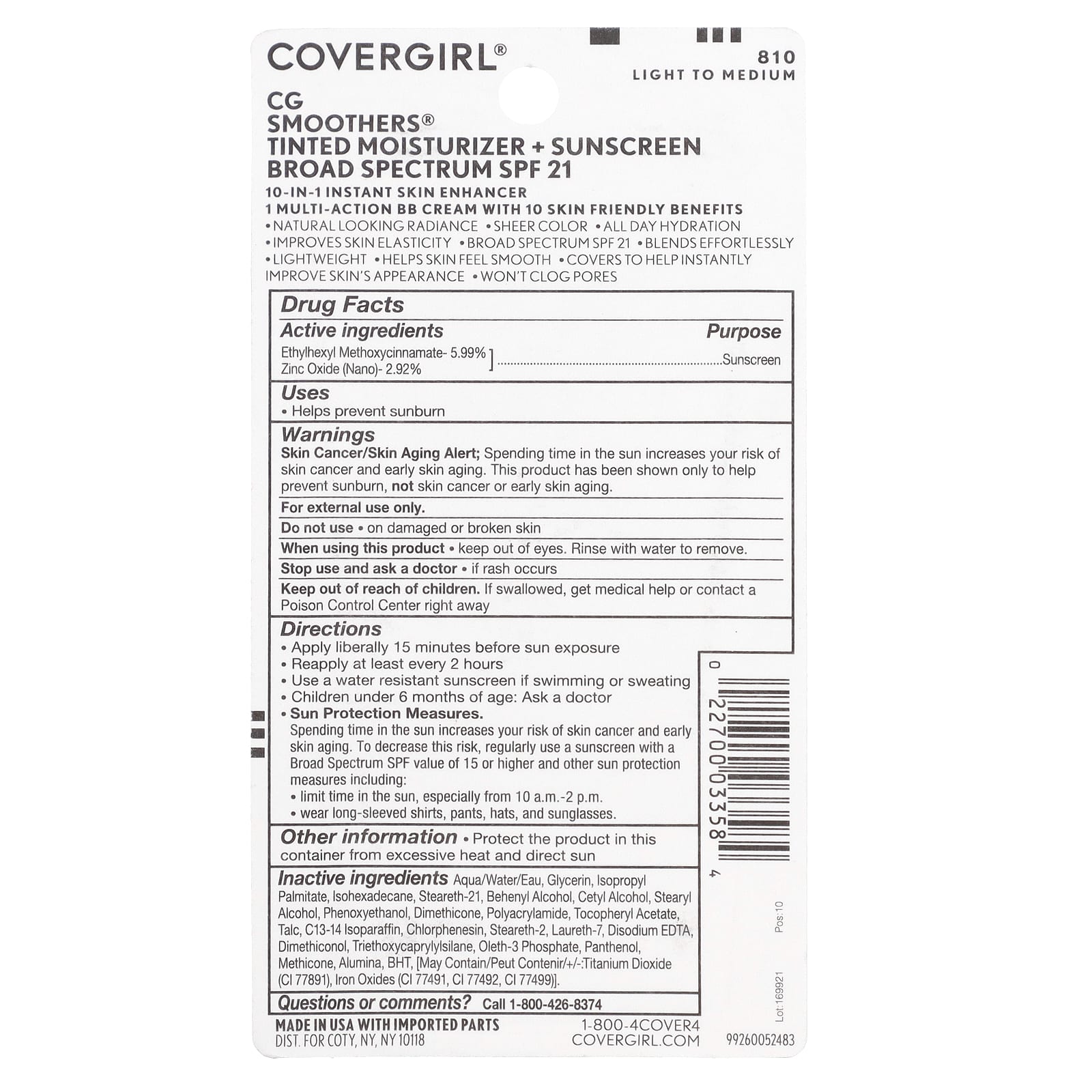 Covergirl, CG Smoothers, BB Cream, SPF 21, 810 Light to Medium, 1.35 fl ...