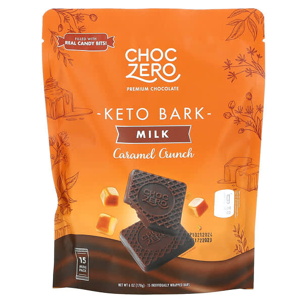 ChocZero‏, Keto Bark, שוקולד חלב ושברי קרמל קראנצ'יים, 15 אריזות מיני ...